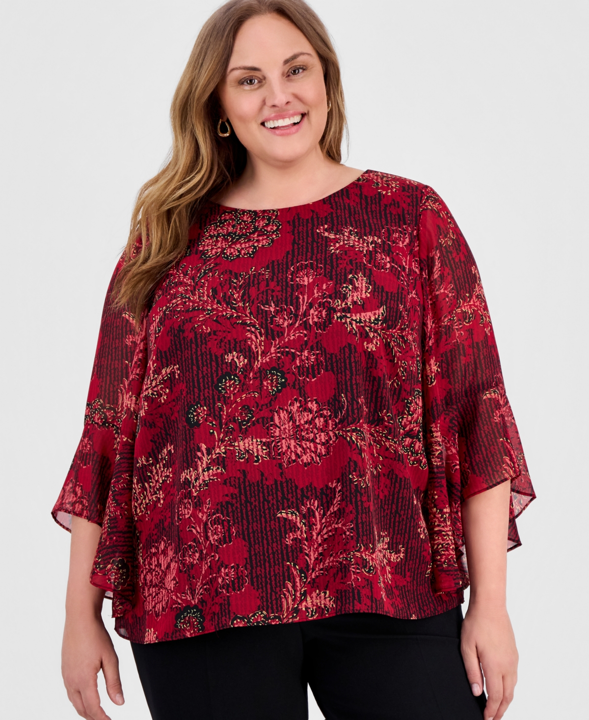 Click here for Kasper Womens Plus Size Floral Ruffle Sleeve Top -... prices