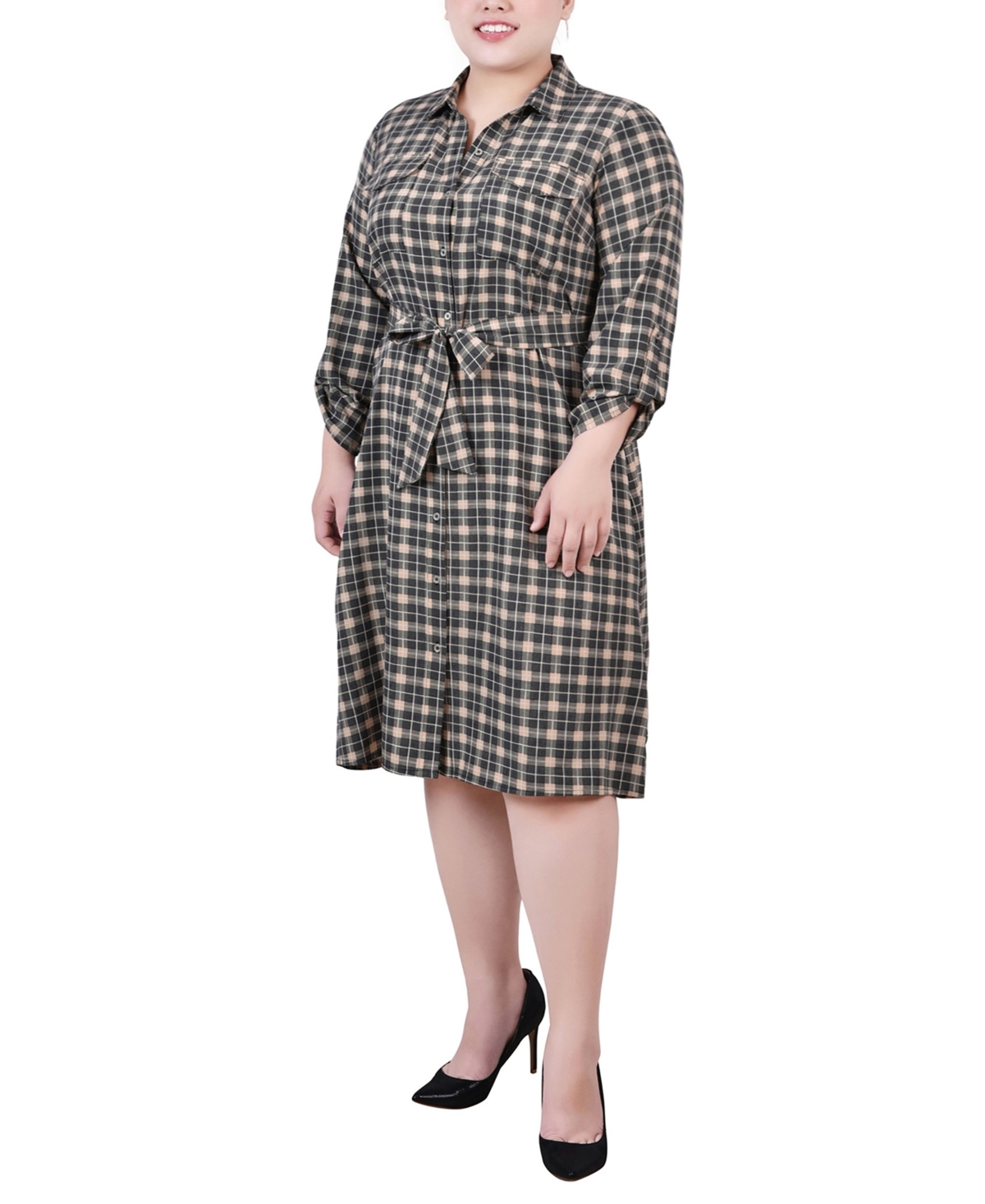 Click here for Ny Collection Plus Size 3/4 Roll Tab Sleeve Belted... prices