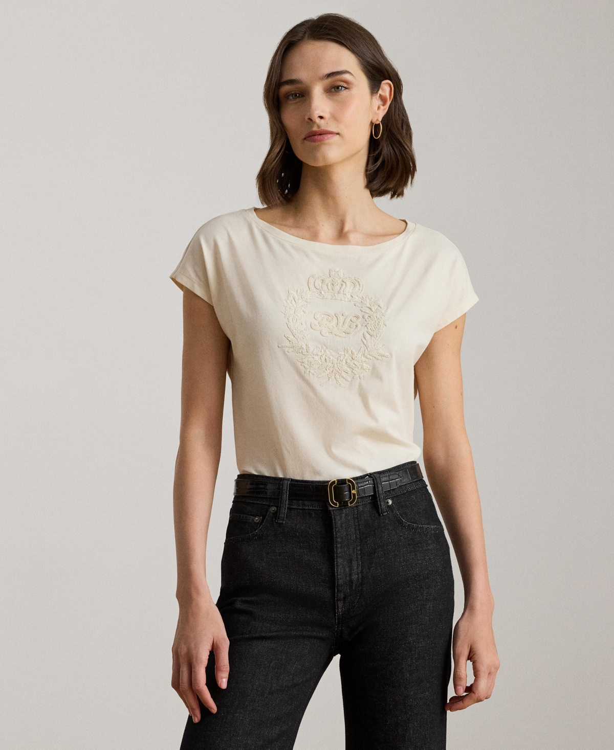 Lauren Ralph Lauren Womens Sequin Detail Boat Neck Jersey T-Shirt - Mascarpone Cream