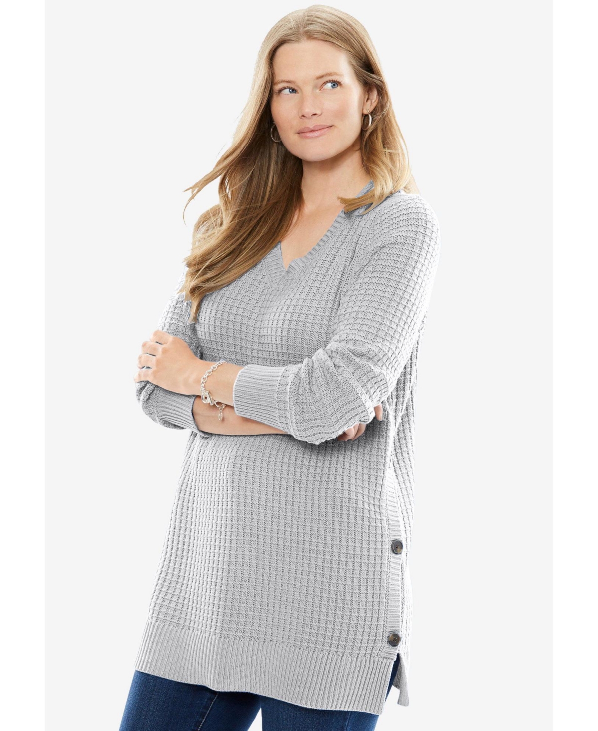Click here for Woman Within Plus Size Side Button V-Neck Waffle K... prices