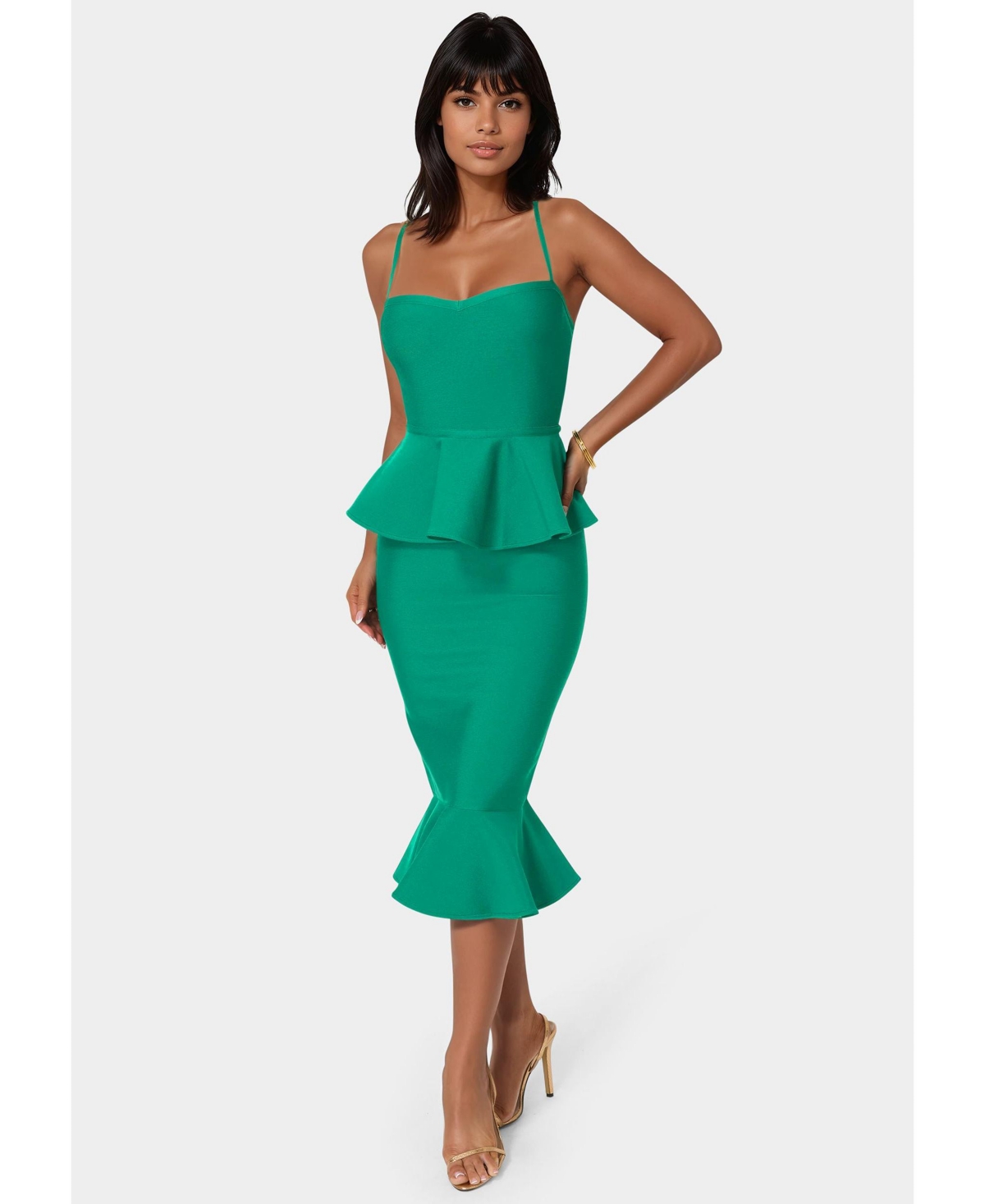 Click here for Bebe Womens Peplum Bandage Midi Dress - Green prices