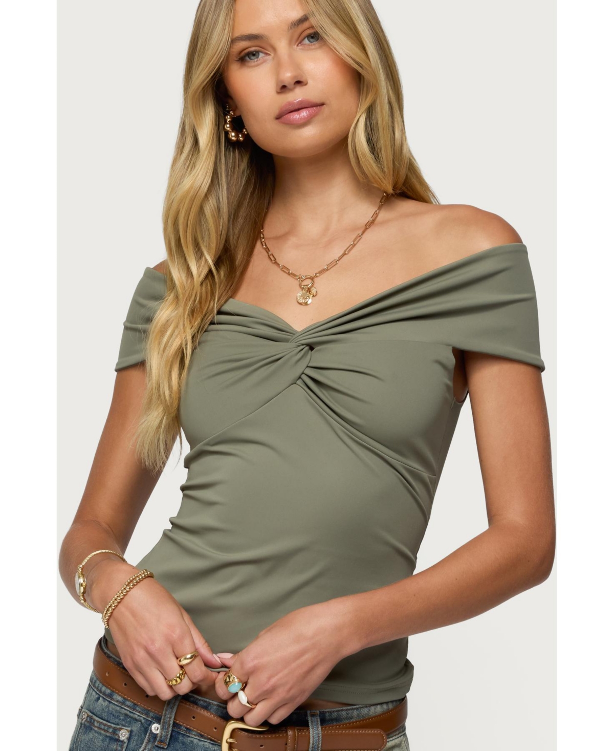 Click here for Edikted Womens Twisted Front Off Shoulder Top - Ol... prices