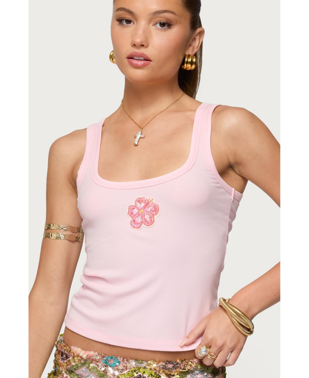 Click here for Edikted Womens Steffy Beaded Flower Ribbed Top - L... prices