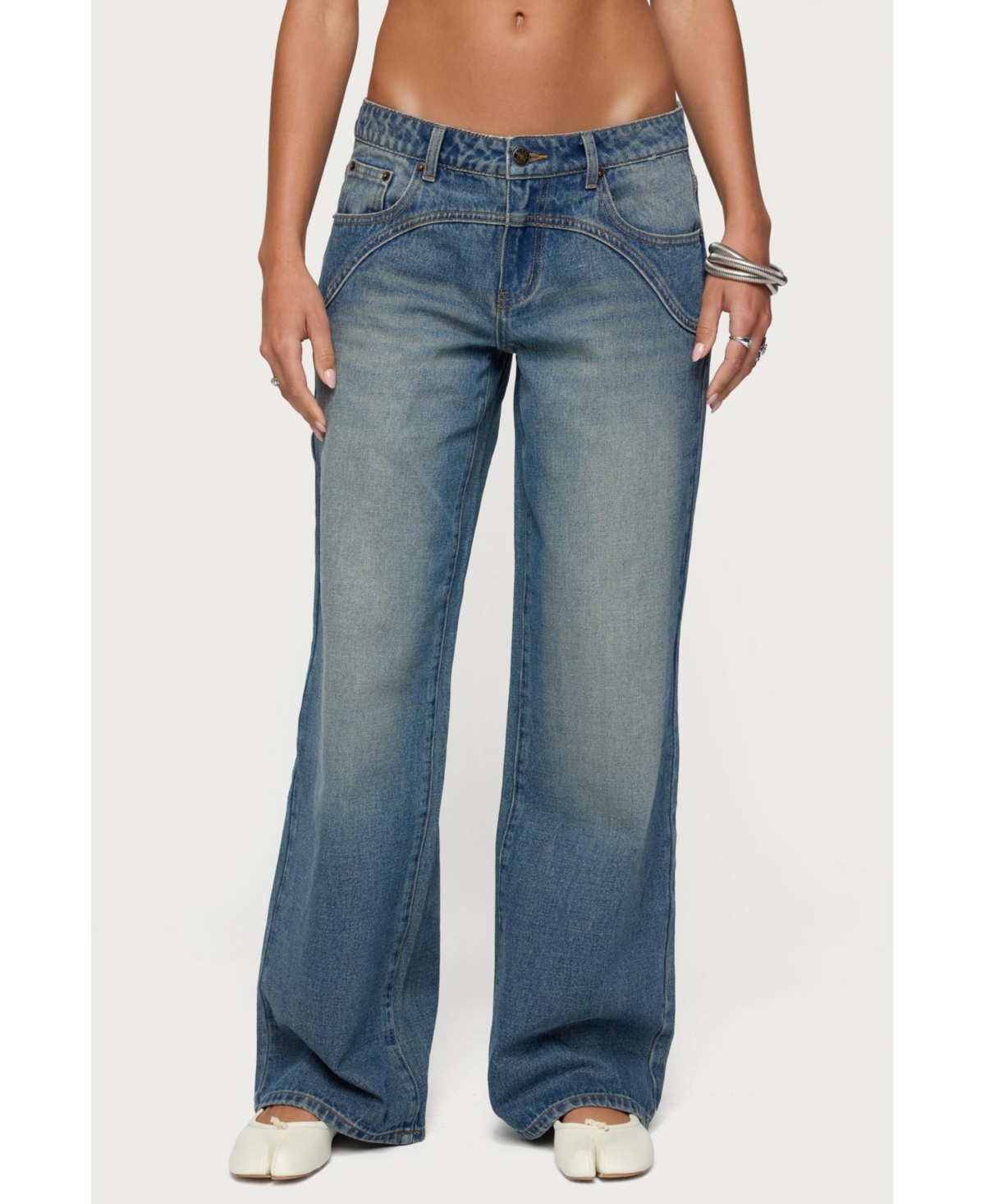 Click here for Edikted Womens Ronny Curved Stitch Low Rise Jeans... prices