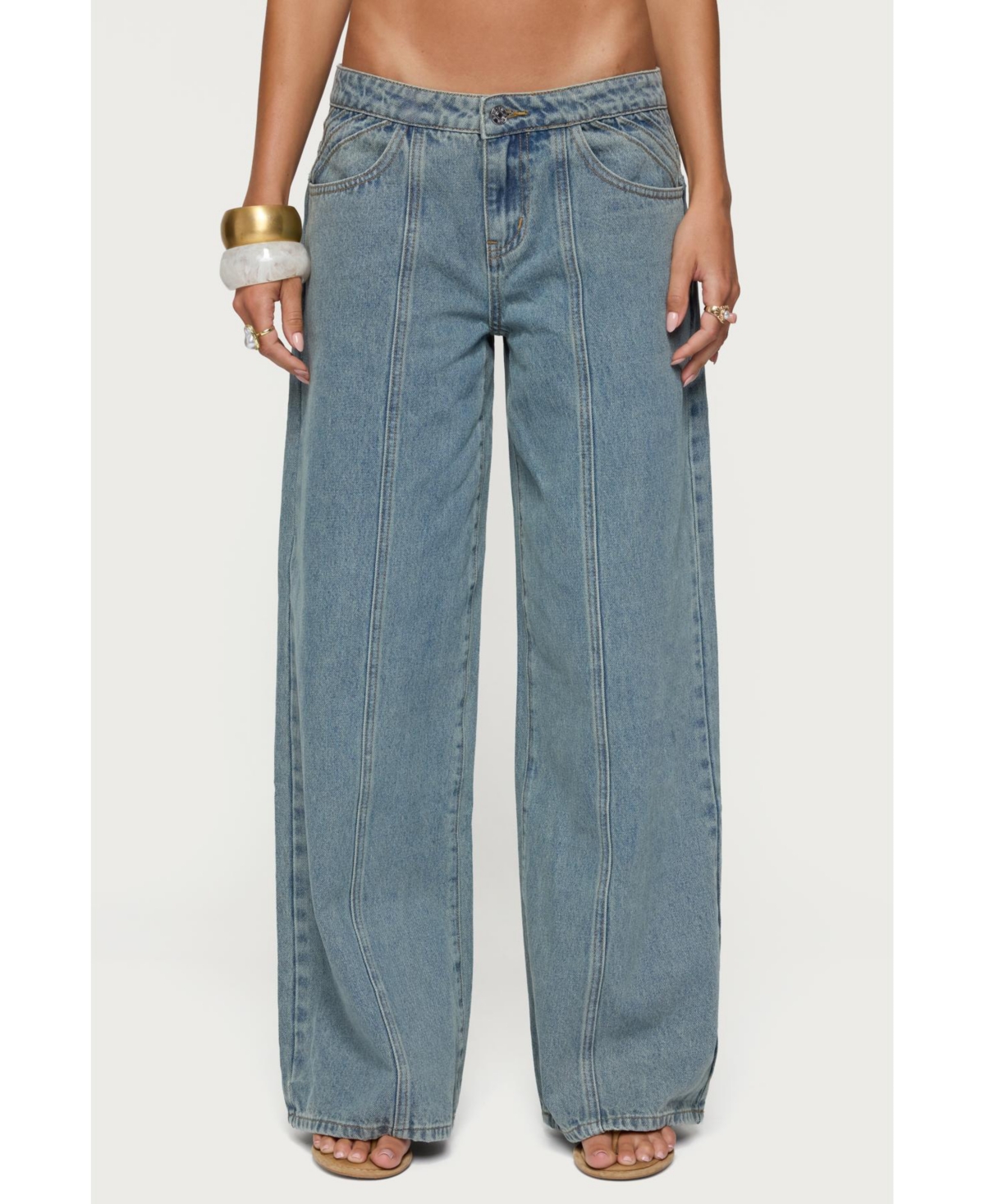 Click here for Edikted Womens Stitch & Pleat Low Rise Jeans - Blu... prices