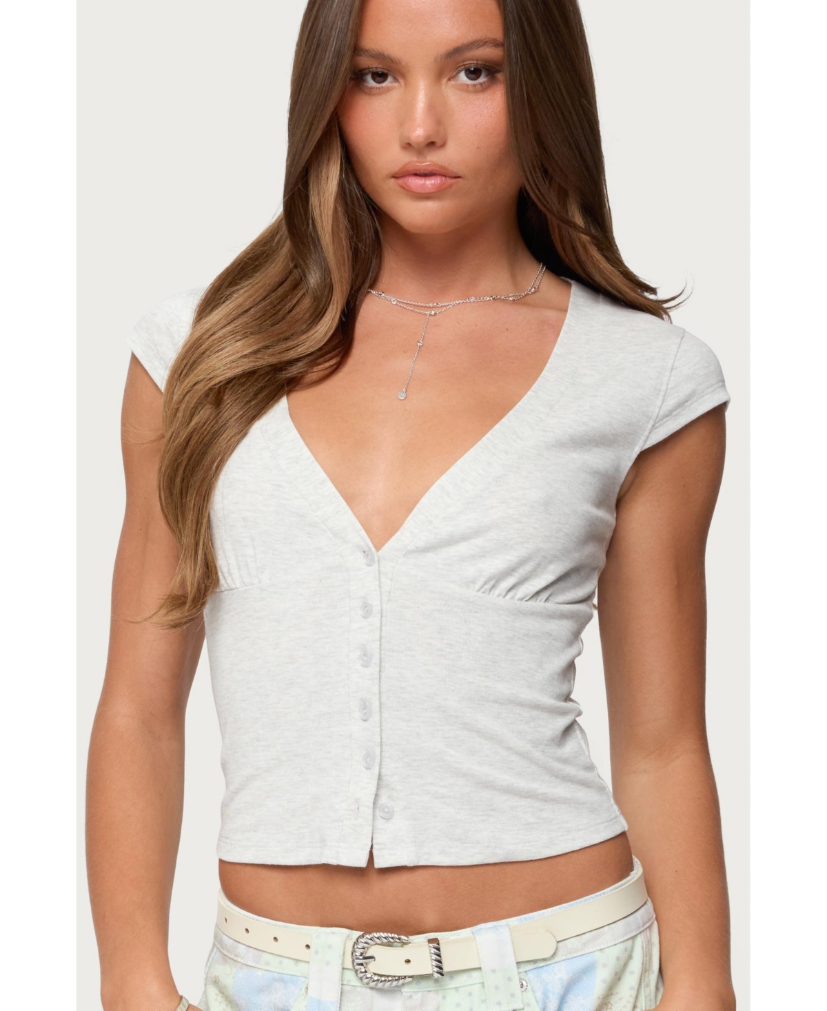 Click here for Edikted Womens Alza Button Up Top - Gray-melange prices