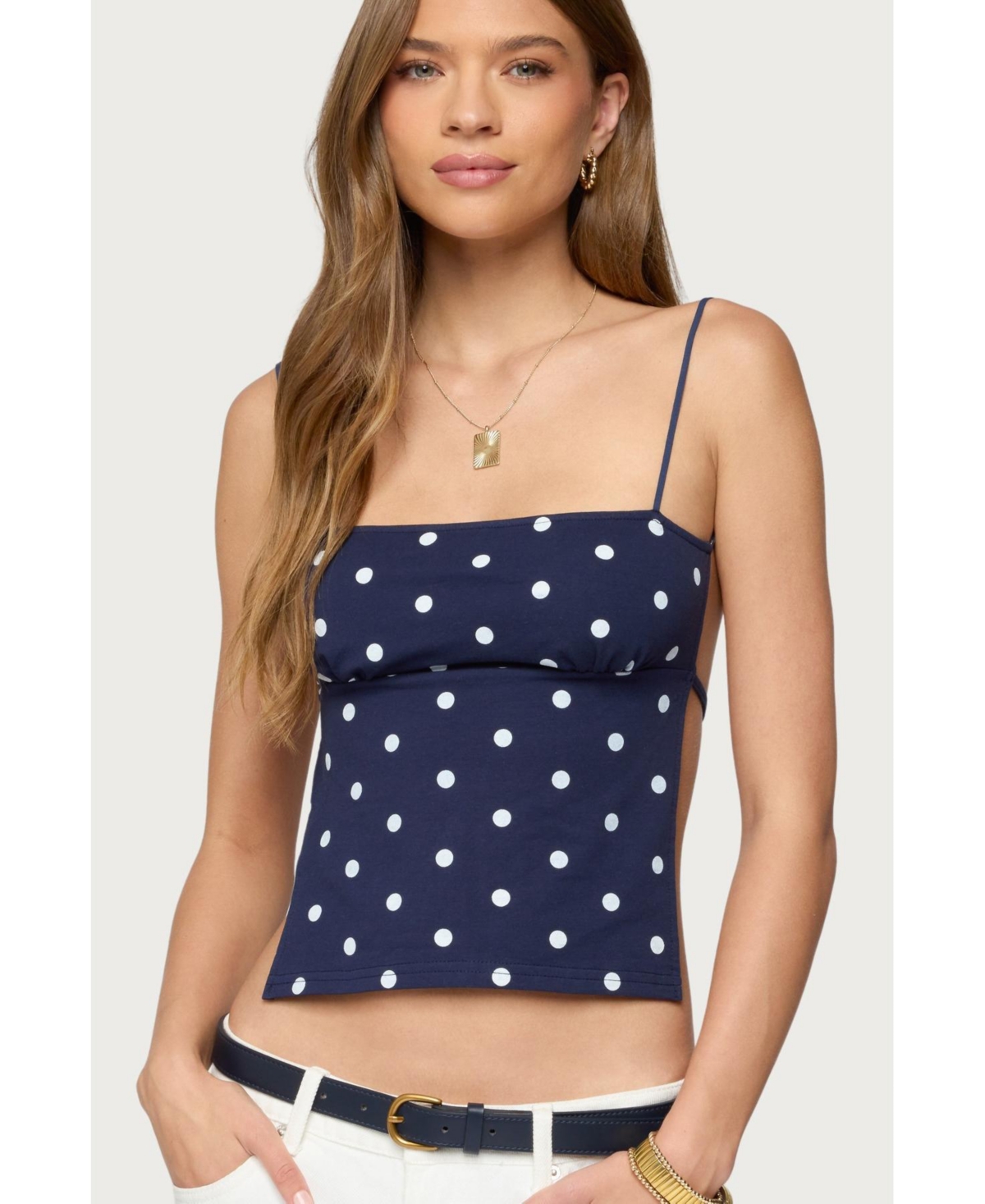Click here for Edikted Womens Jinx Polka Dot Open-Back Top - Navy... prices