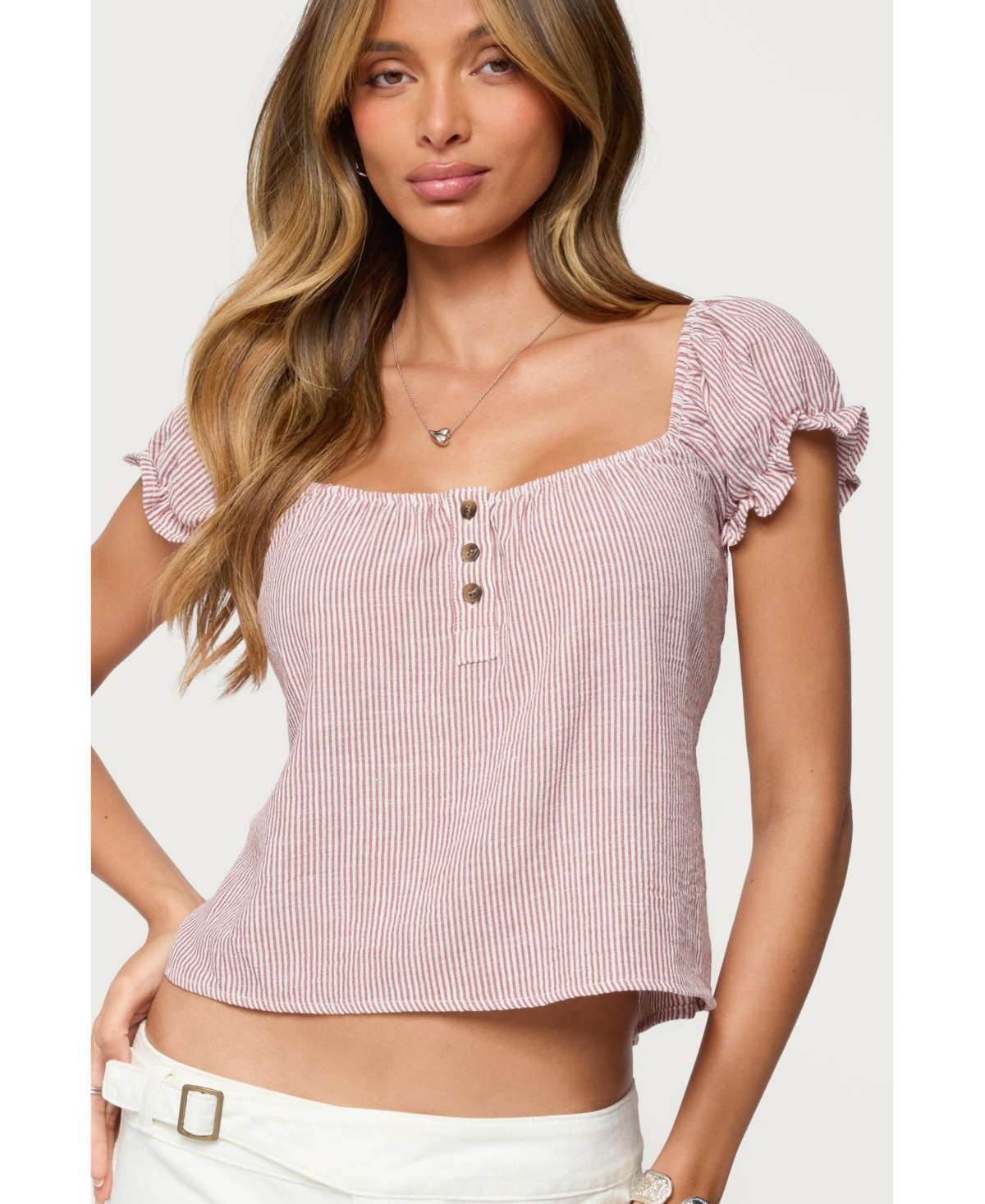 Click here for Edikted Womens Rhory Pinstripe Babydoll Top - Burg... prices