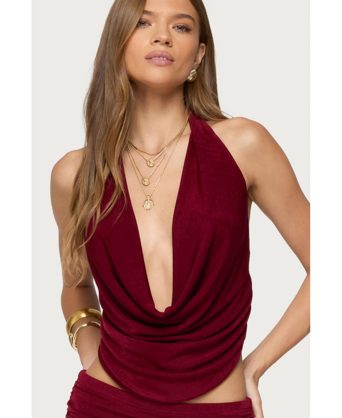 Click here for Edikted Womens Caspia Cowl Neck Backless Top - Bur... prices