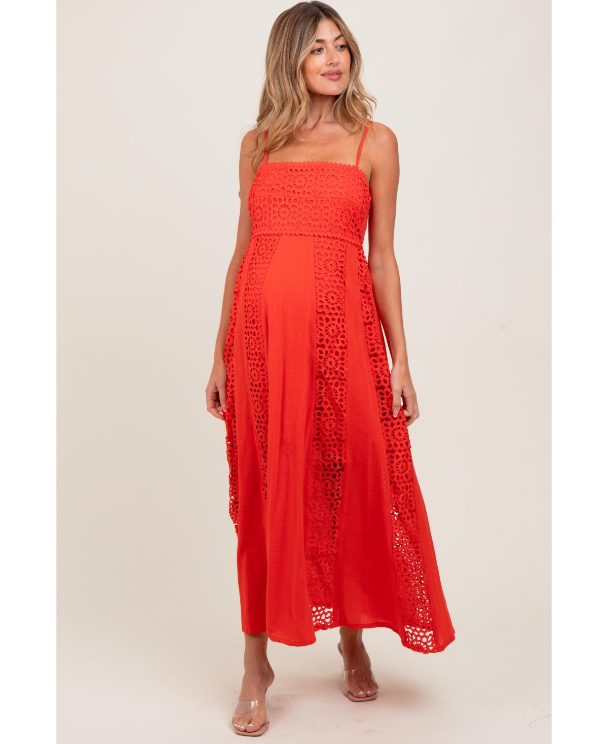 Click here for Pinkblush Maternity Coral Red Crochet Lace Paneled... prices