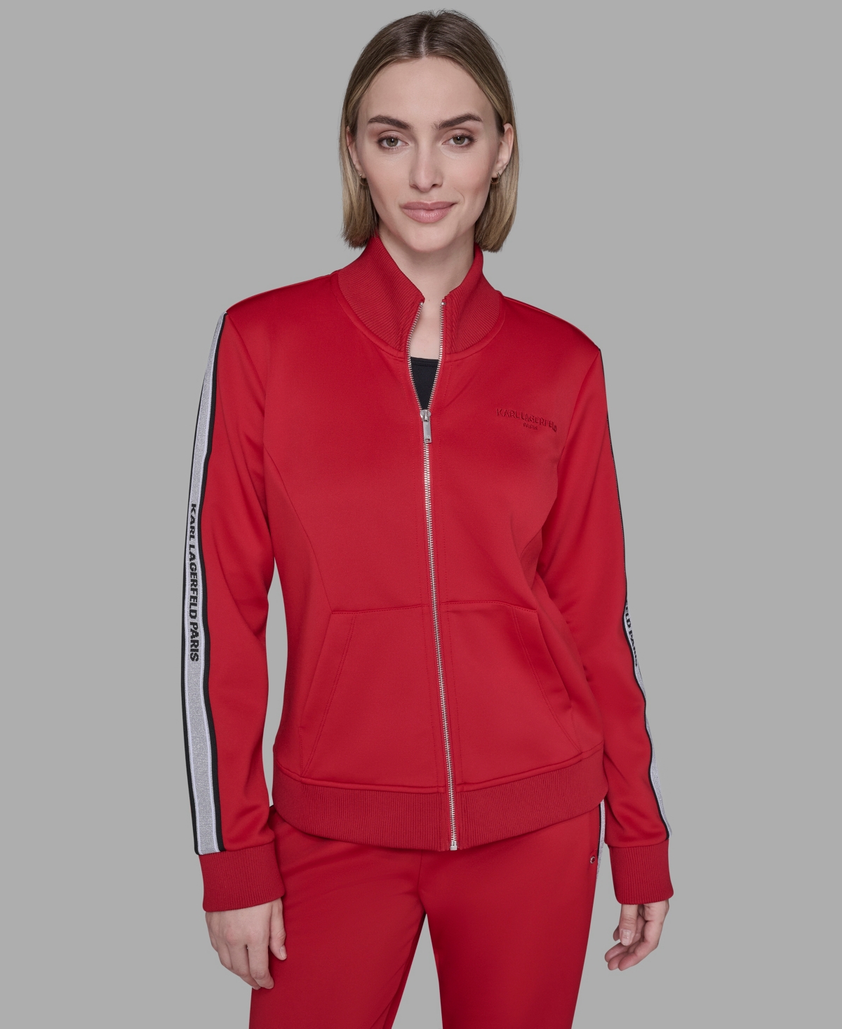 Karl Lagerfeld Paris Womens Logo Tape Zip Up Jacket - Admiral Red
