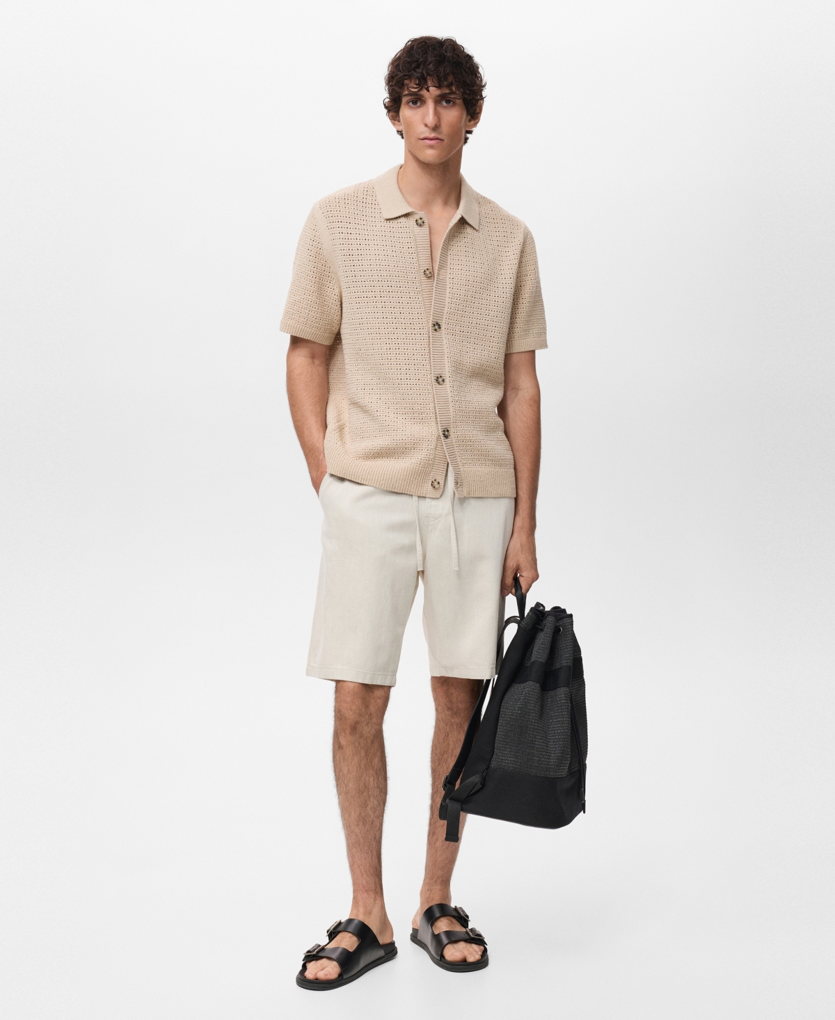 Click here for Mango Mens Openwork Knitted Shirt - Beige prices