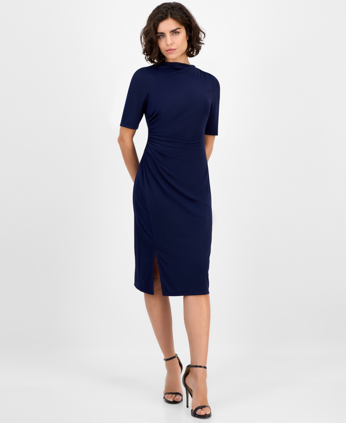 Anne Klein Womens Cowl-Neck Side-Ruched Dress - Distant Mountain