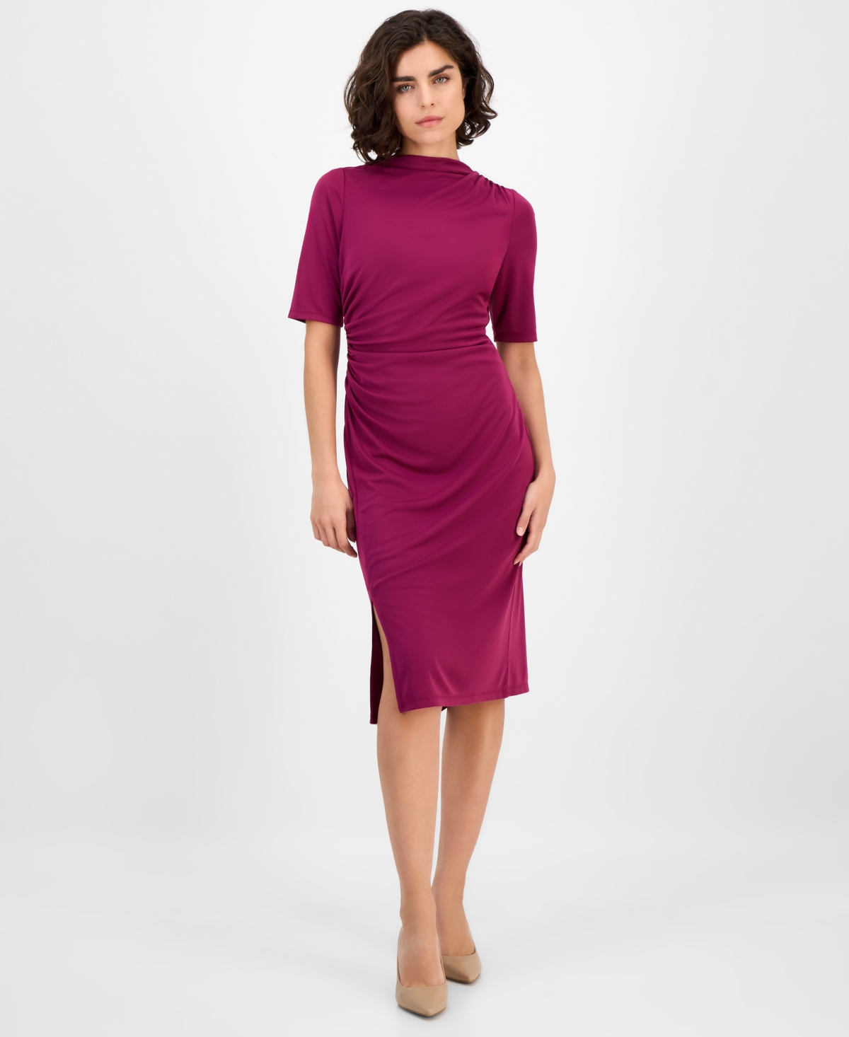 Anne Klein Womens Cowl-Neck Side-Ruched Dress - Mulberry Wine