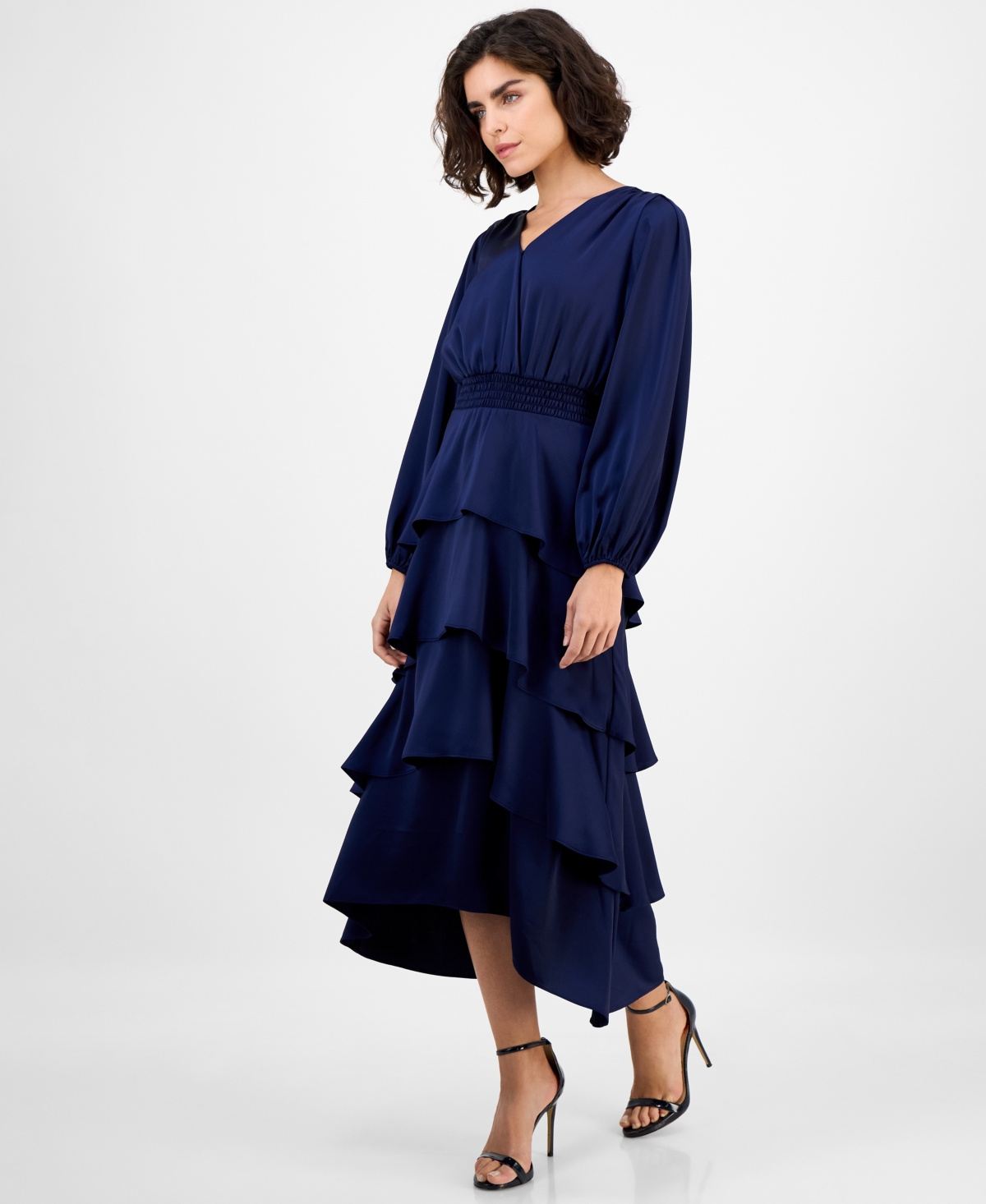 Anne Klein Womens Satin Surplice-Neck Tiered Midi Dress - Distance Mountain