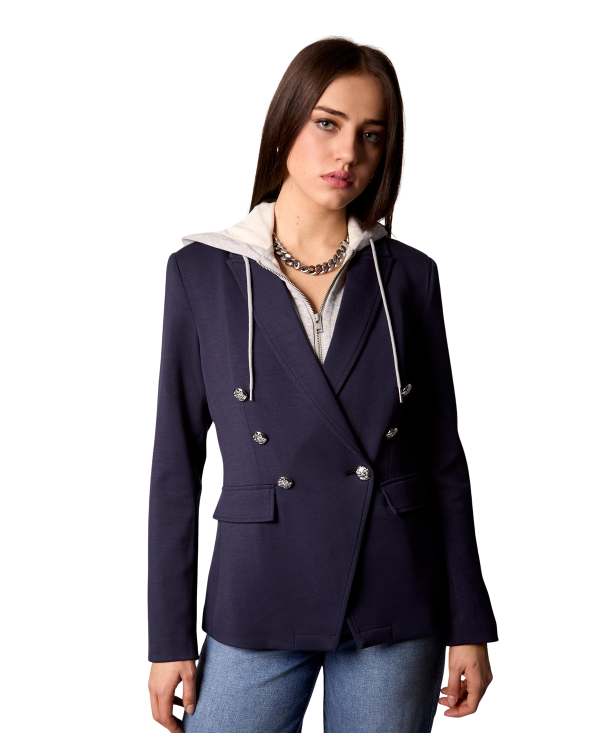 Blue Revival Womens Helen Double-Breasted Blazer with Removable Hoodie Insert - Navy