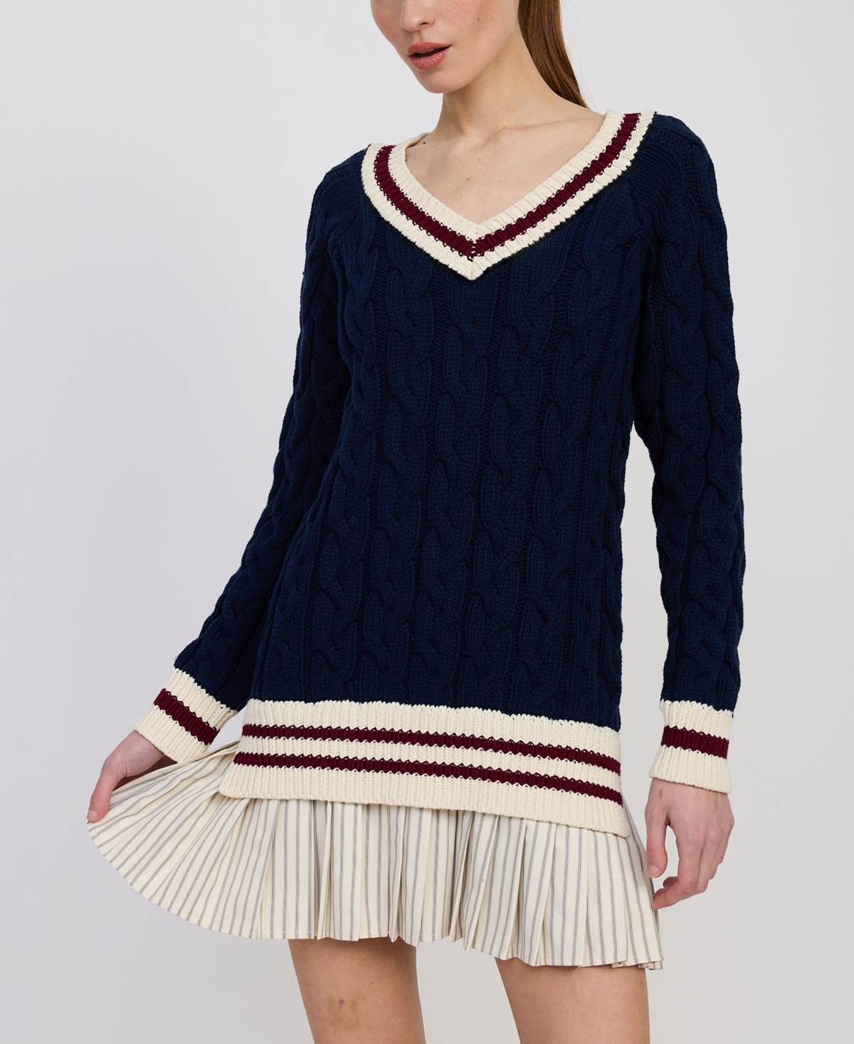 En Saison Womens Knox Mixed Media Mini Dress - Navy Burgundy Ivory