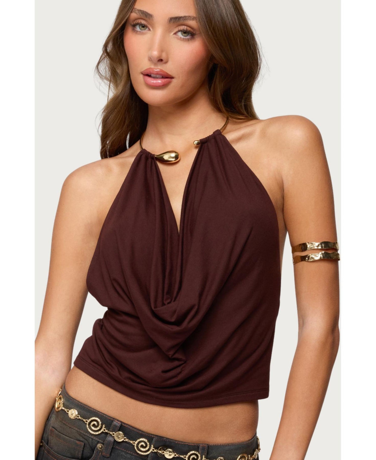 Click here for Edikted Womens Mileva Cuff Deep Cowl Neck Top - Br... prices