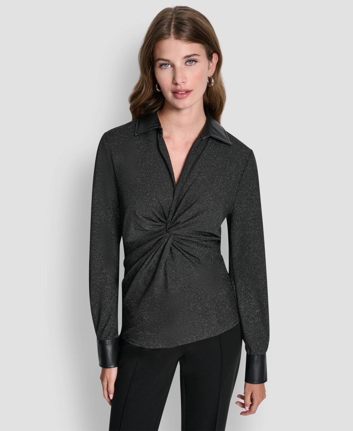 Click here for Dkny Womens Knit Twist Front V-Neck Top - Black/si... prices