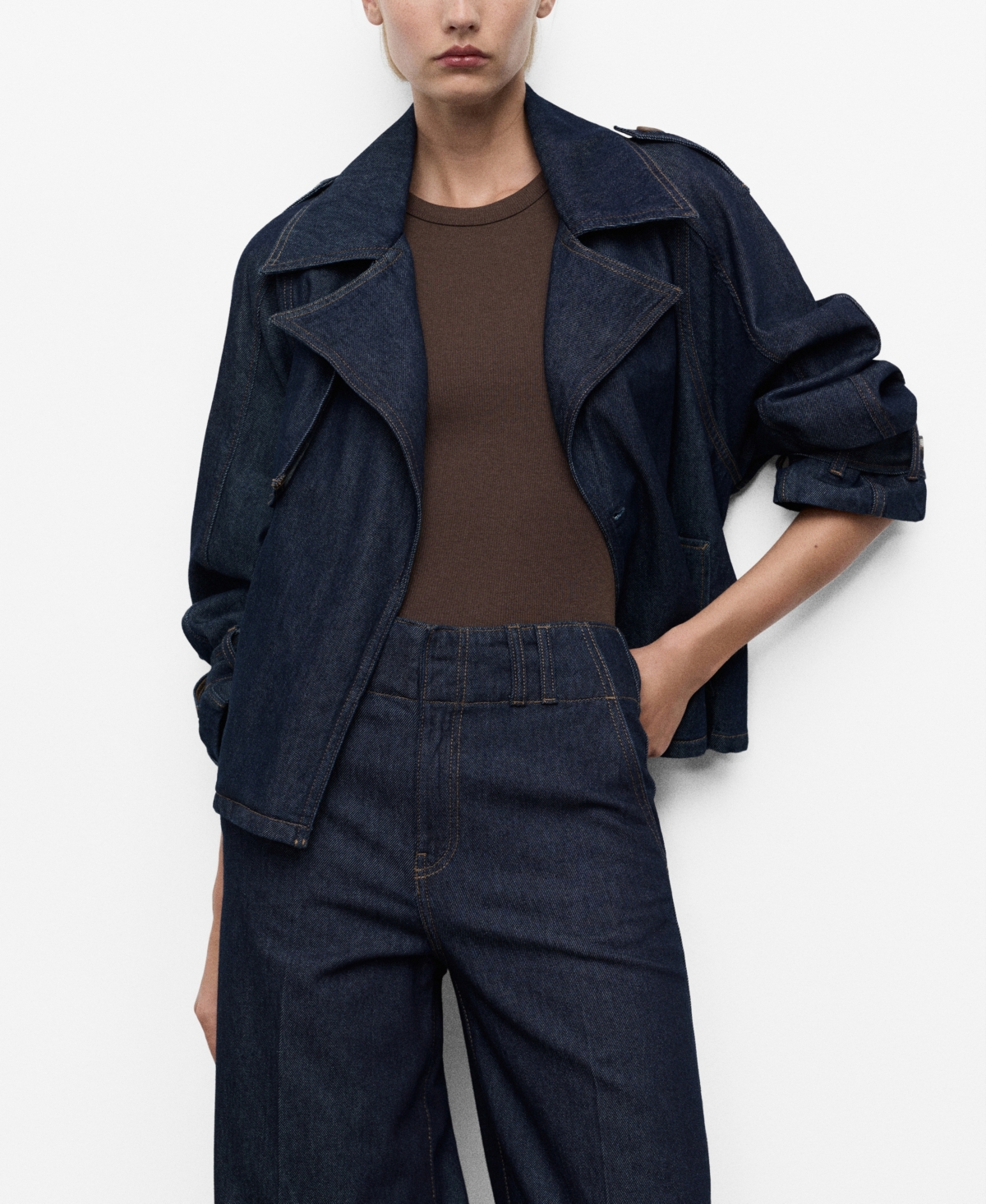Click here for Mango Womens Belted Short Denim Trench Coat - Open... prices