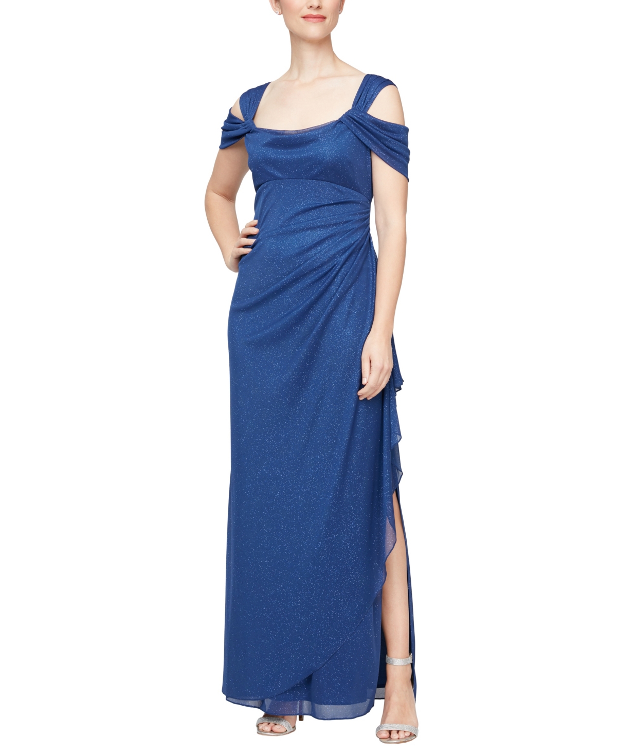 Click here for Alex Evenings Cold-Shoulder Draped Metallic Petite... prices