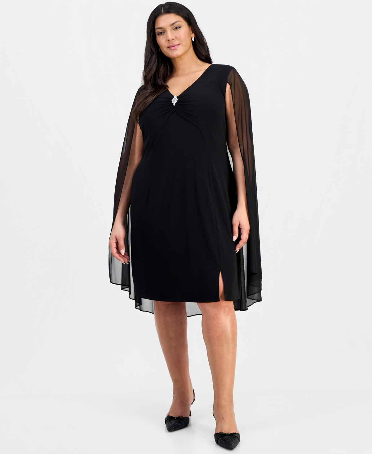 Click here for Connected Plus Size Capelet Sheath Dress - Blk prices