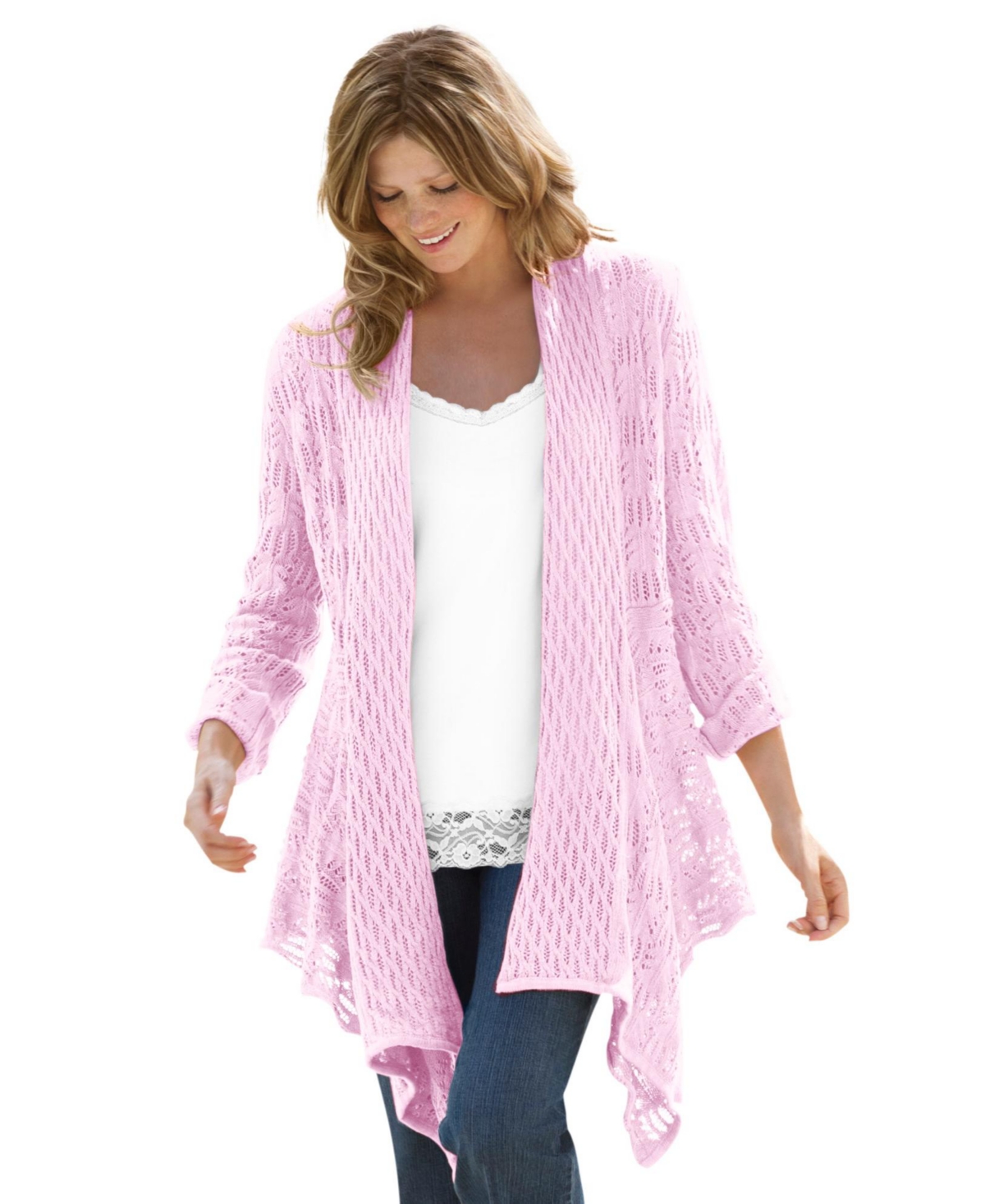 Click here for Woman Within Plus Size Open Front Pointelle Cardig... prices