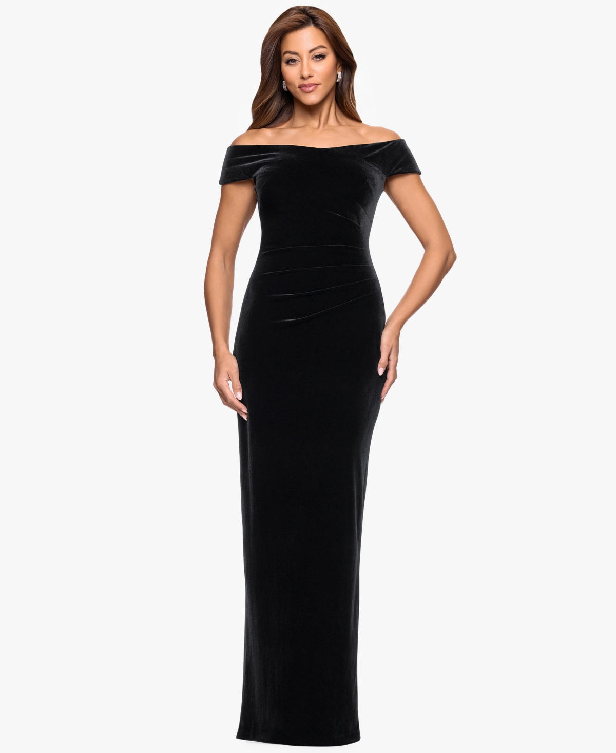 Click here for Xscape Petite Off-the-Shoulder Long Dress - Black prices