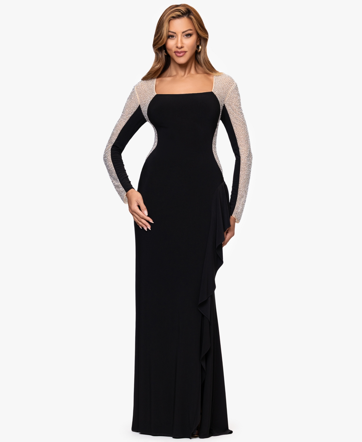 Click here for Xscape Petite Long Beaded Sleeve Dress - Black Nud... prices