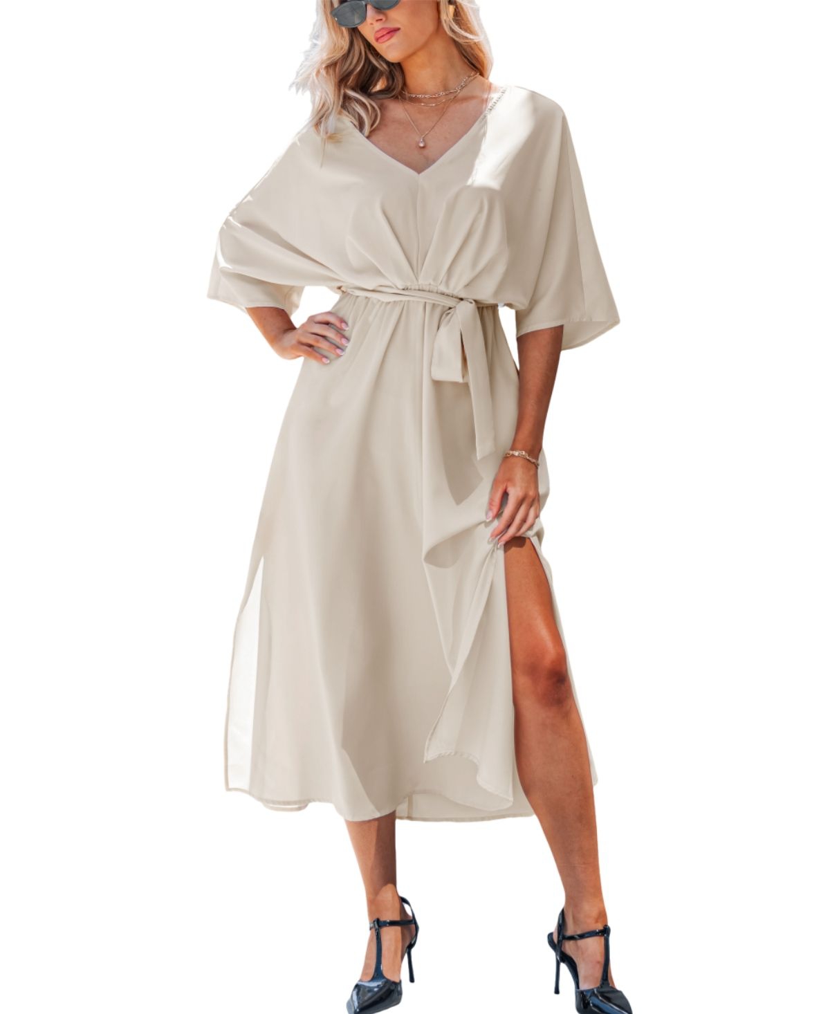 Click here for Cupshe Womens V-Neck Belted Midi Beach Dress - Bei... prices