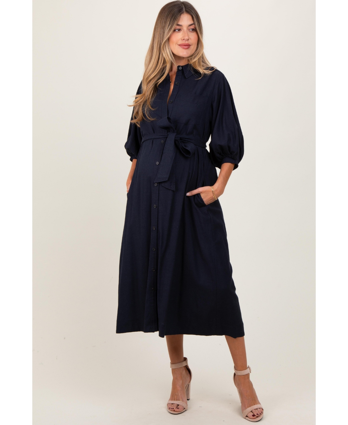 Click here for Pinkblush Maternity Navy 3/4 Bubble Sleeve Midi Sh... prices
