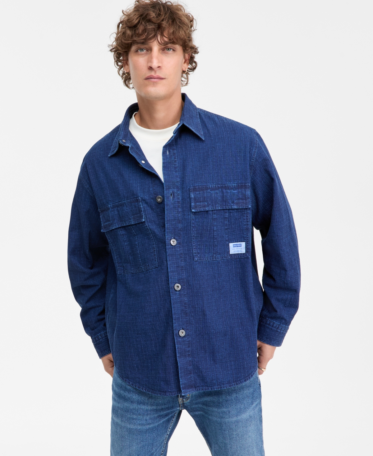 Click here for Hugo Boss Ebargo Grid-Pattern Denim Button-Front S... prices