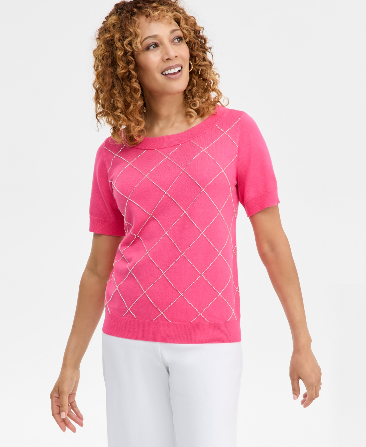 Click here for Jm Collection Womens Embellished Short-Sleeve Swea... prices
