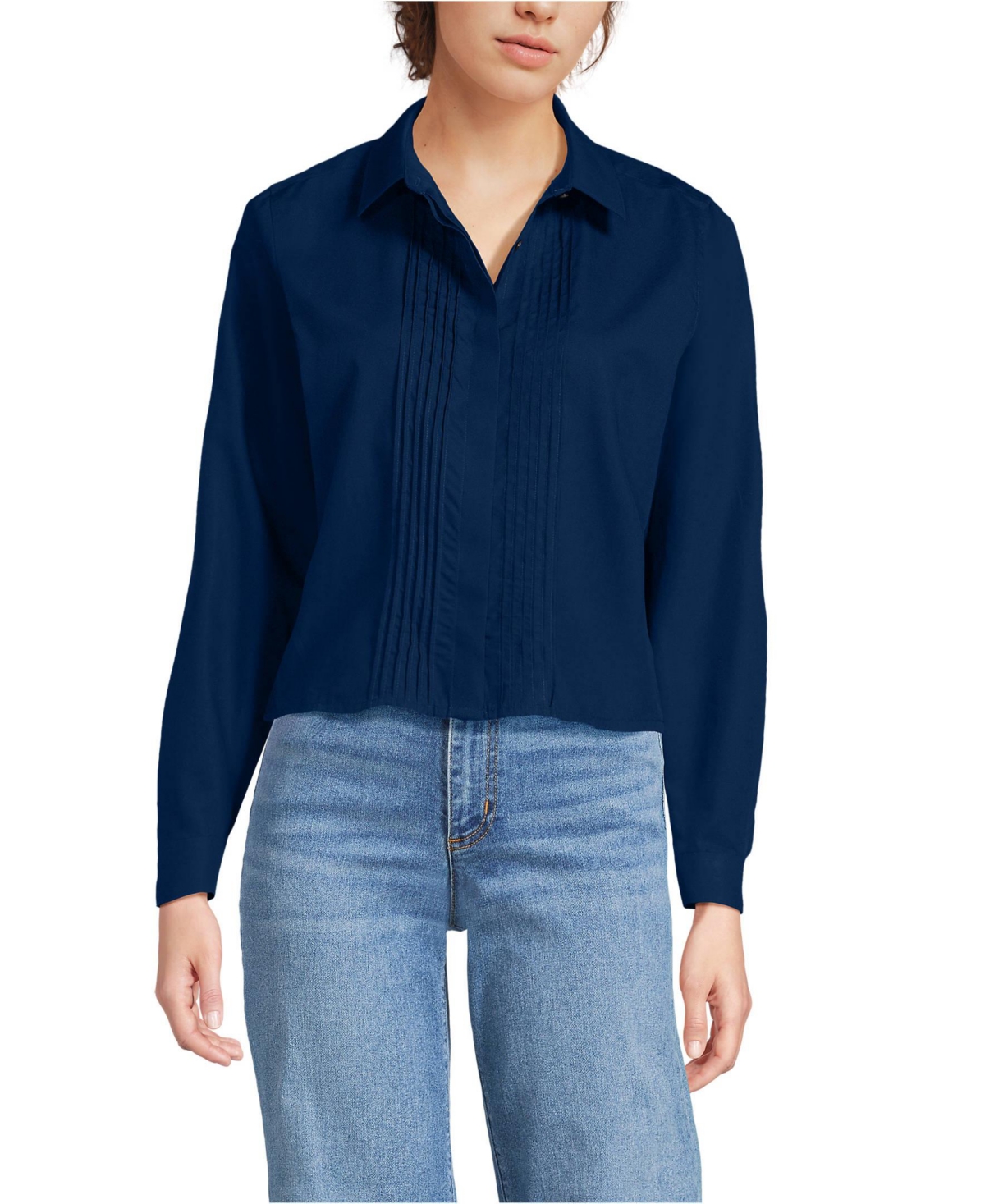 Click here for Lands End Womens Boxy Cropped No Iron Pintuck Shir... prices