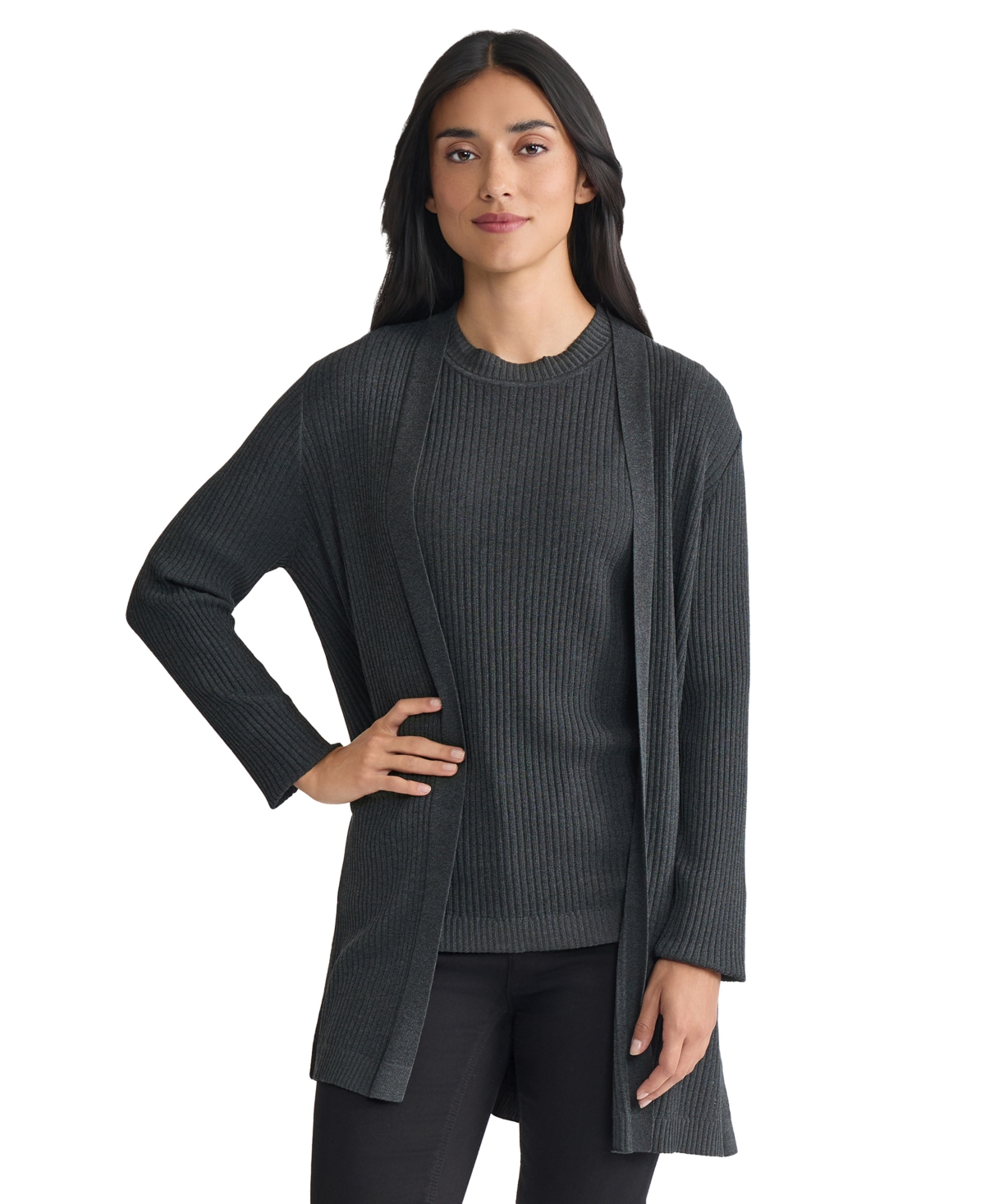 Jones New York Womens Sutton Long-Sleeve Cardigan - Dark Heather Gray