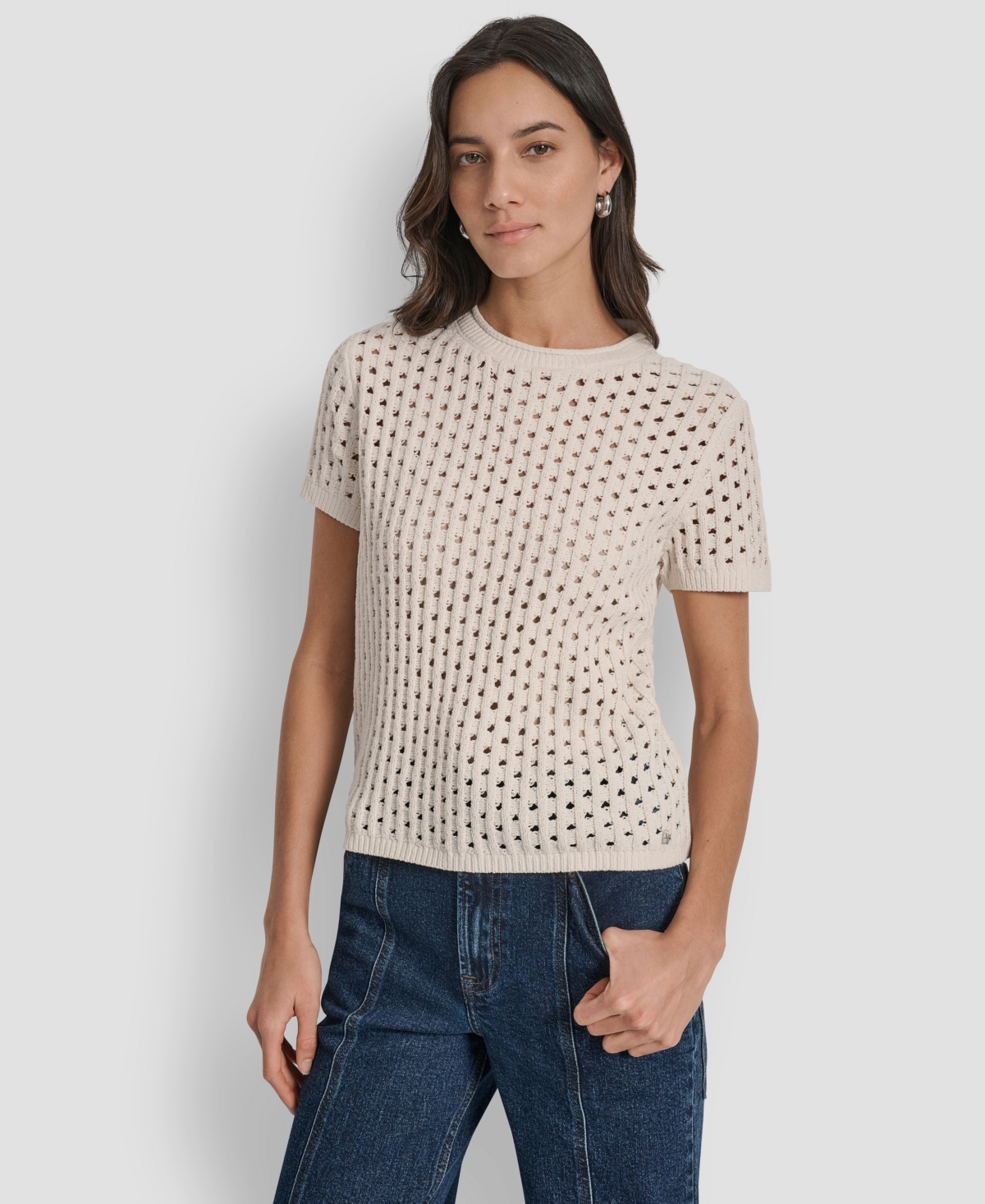 Click here for Dkny Jeans Petite Open-Stitch Crewneck Sweater - B... prices
