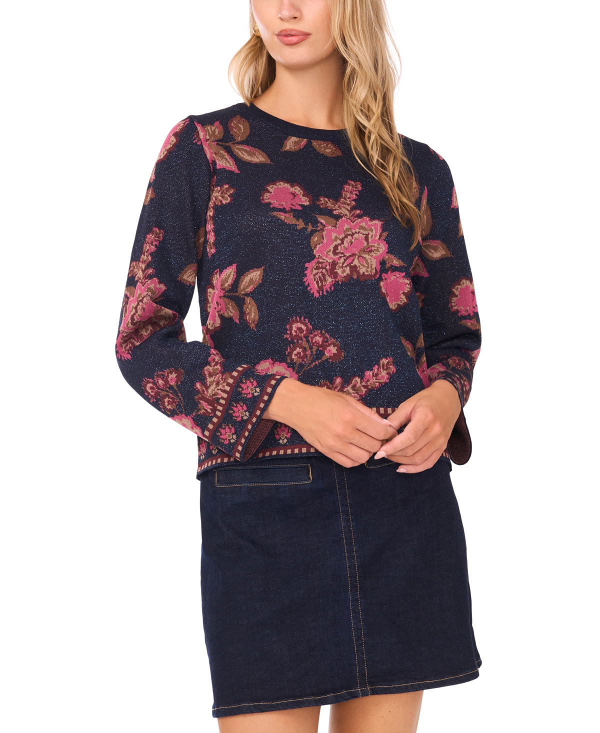 Vince Camuto Womens Floral Jacquard Crewneck Blouse - Classic Navy