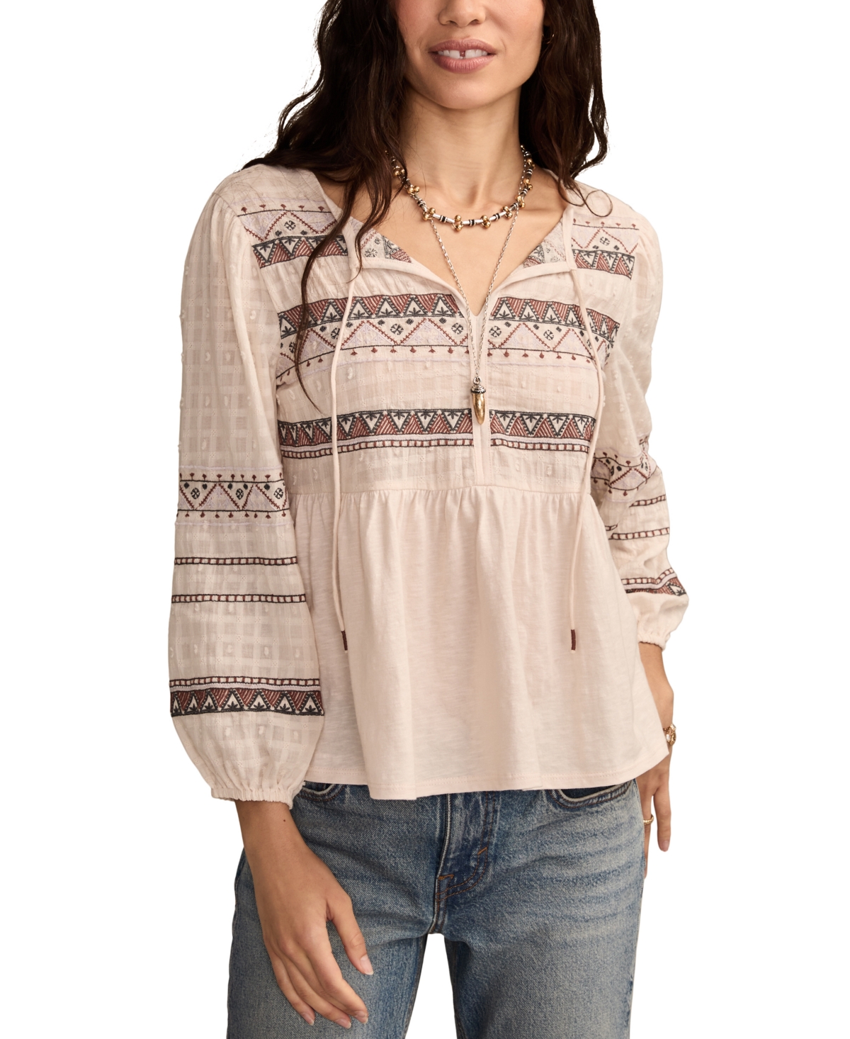 Click here for Lucky Brand Womens Mixed Trim Peasant Top - Peach... prices