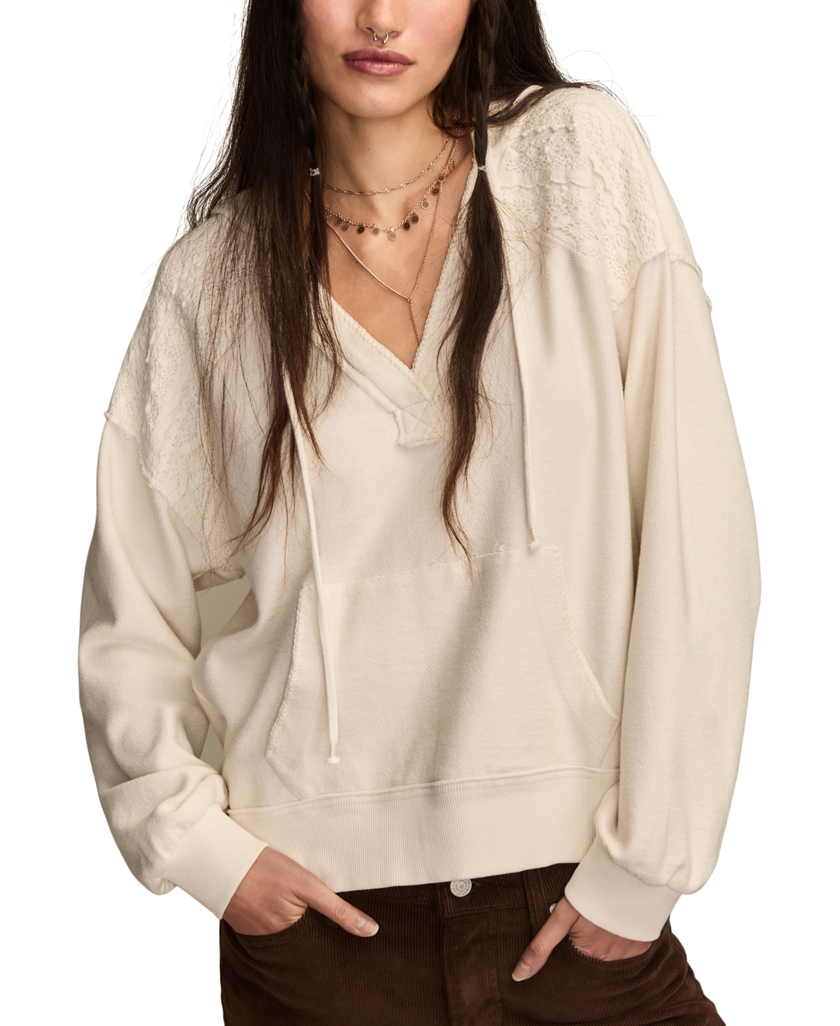 Click here for Lucky Brand Womens Crochet Trim Baja Hoodie - Tofu prices