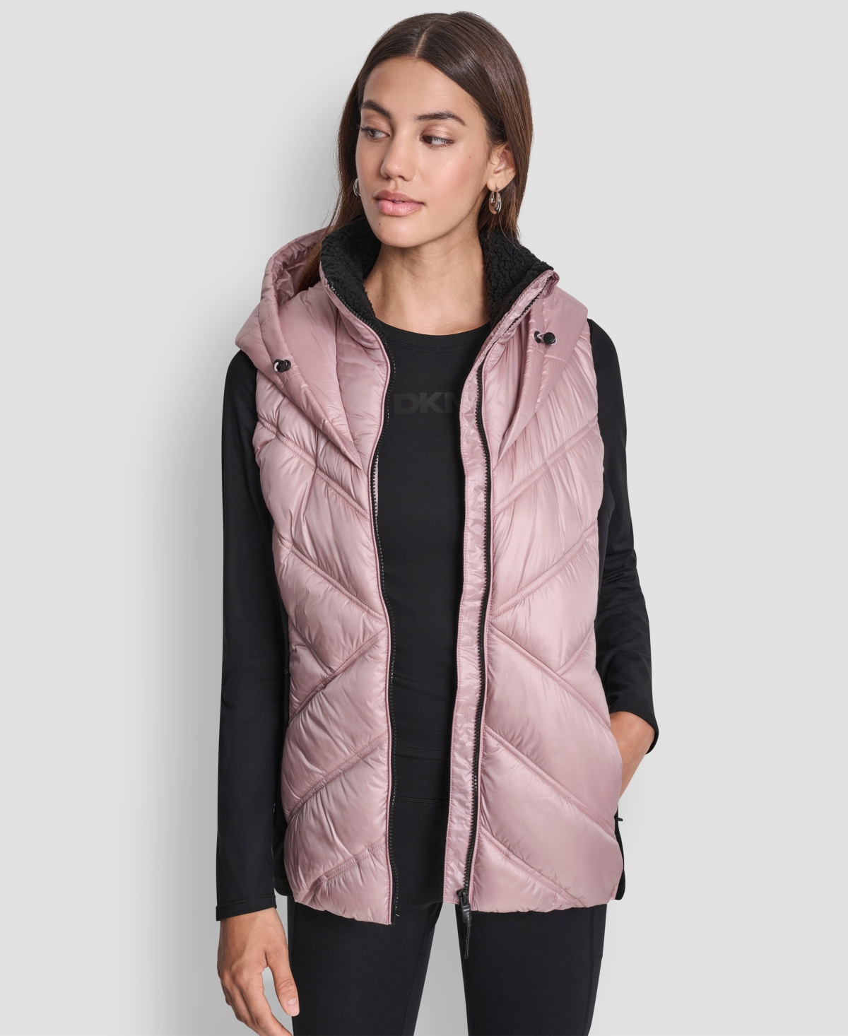 Click here for Dkny Womens Contrast Collar Hooded Puffer Vest - M... prices