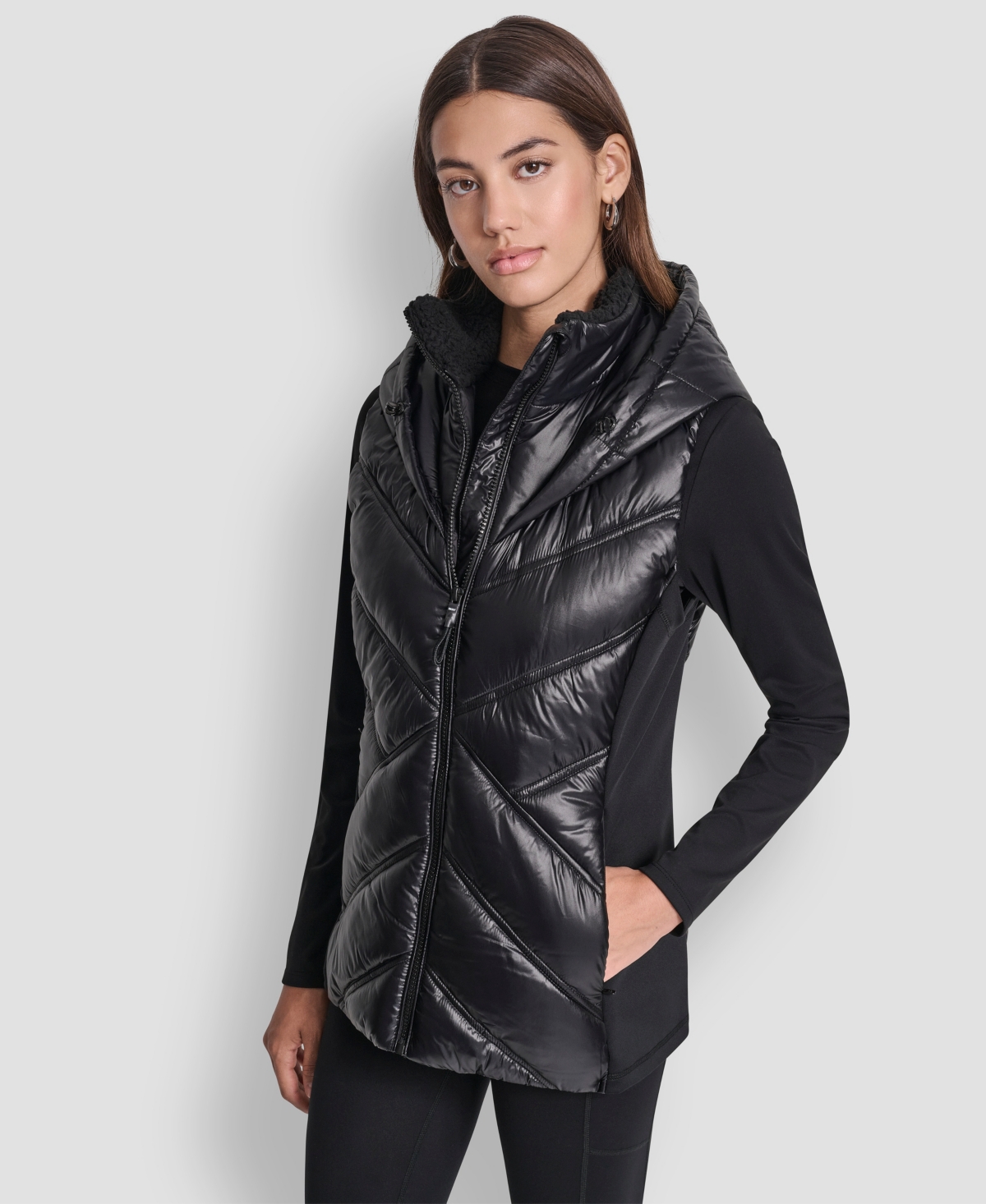 Click here for Dkny Womens Contrast Collar Hooded Puffer Vest - M... prices