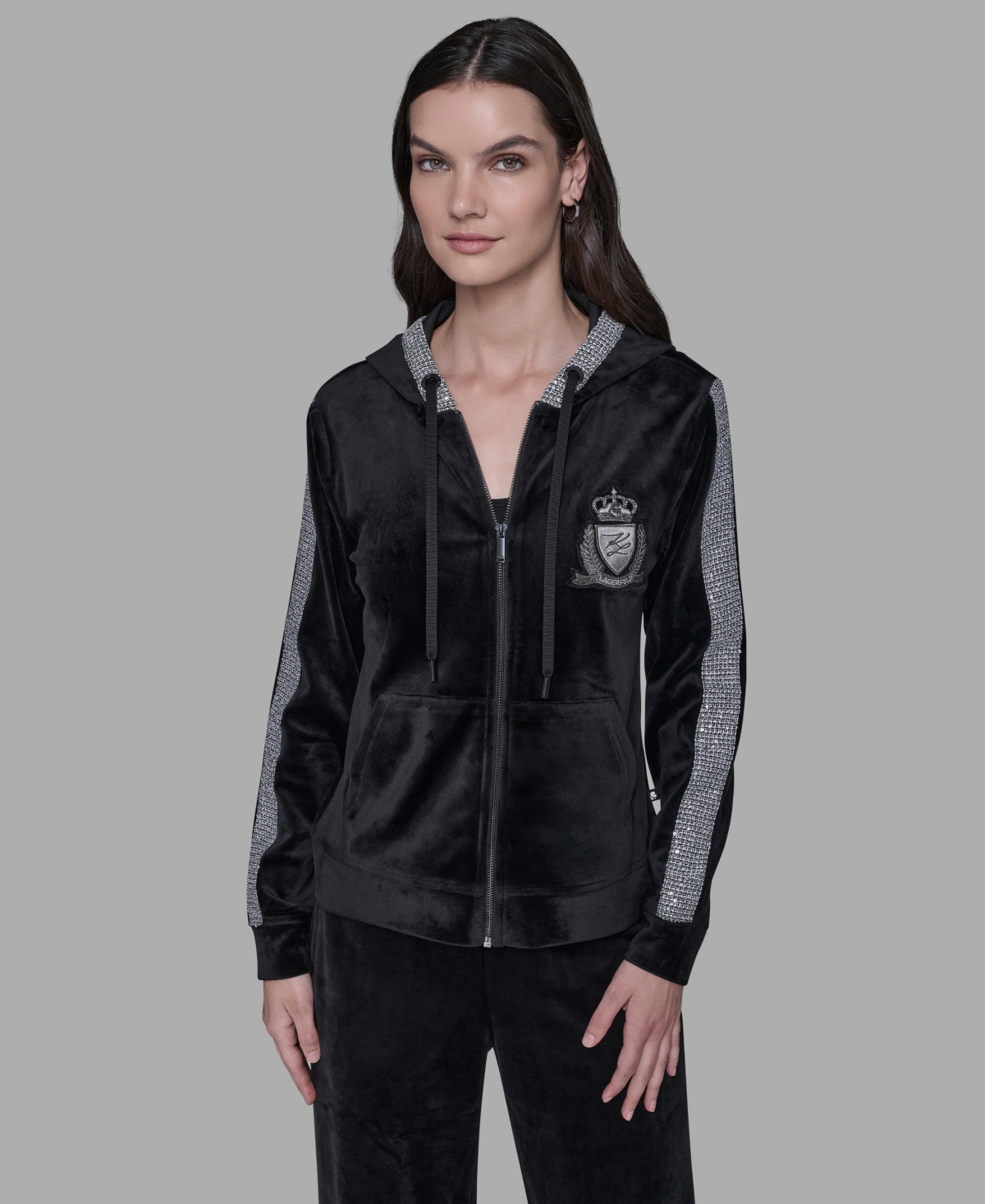 Karl Lagerfeld Paris Womens Zip-Up Hooded Jacket - Black