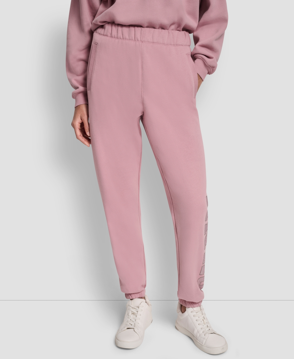 Dkny Womens Exploded Rhinestone Varsity Logo High Rise Relaxed Jogger - Dusty Mauve