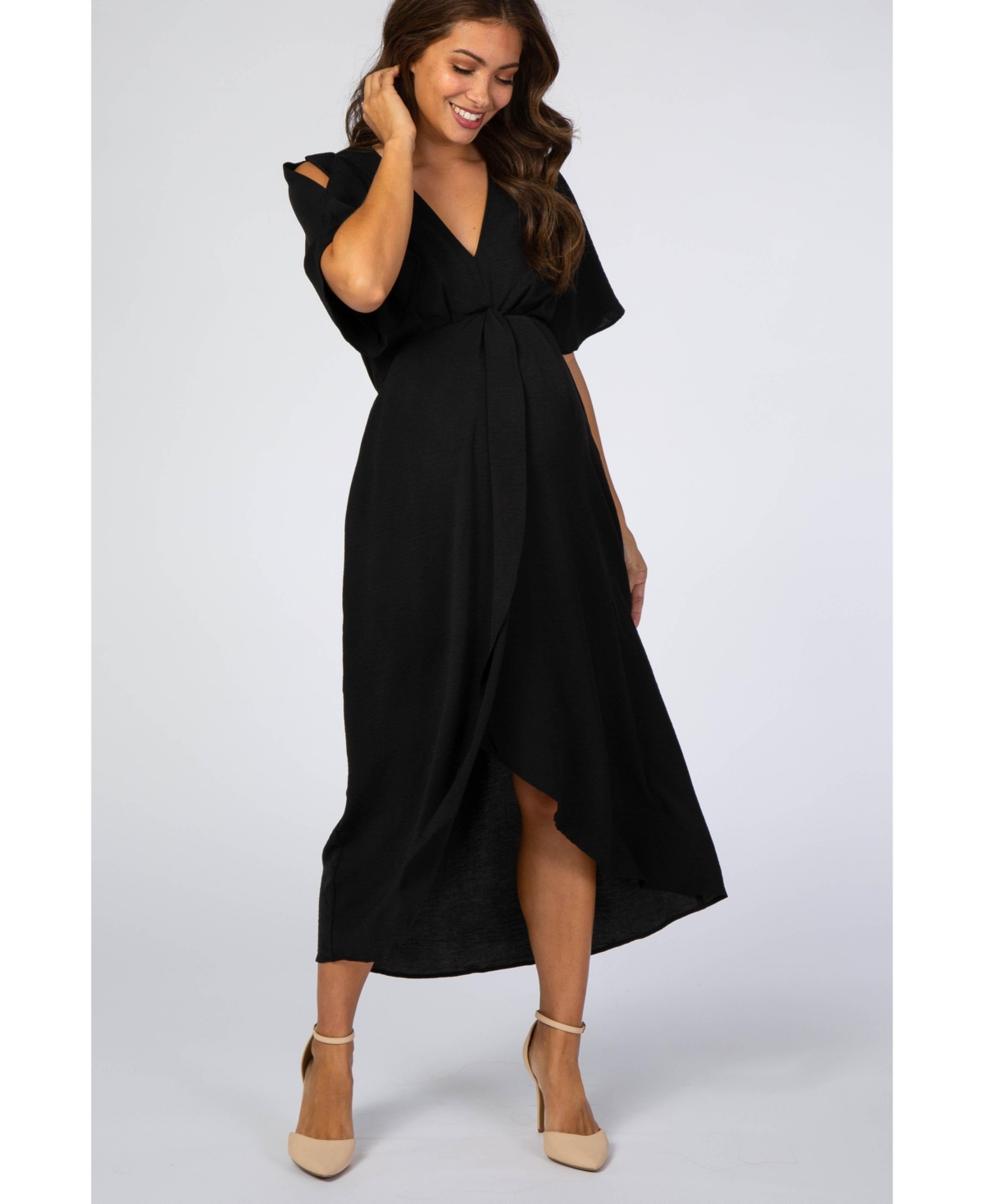 Click here for Pinkblush Maternity Black Open Sleeve Wrap Midi Dr... prices