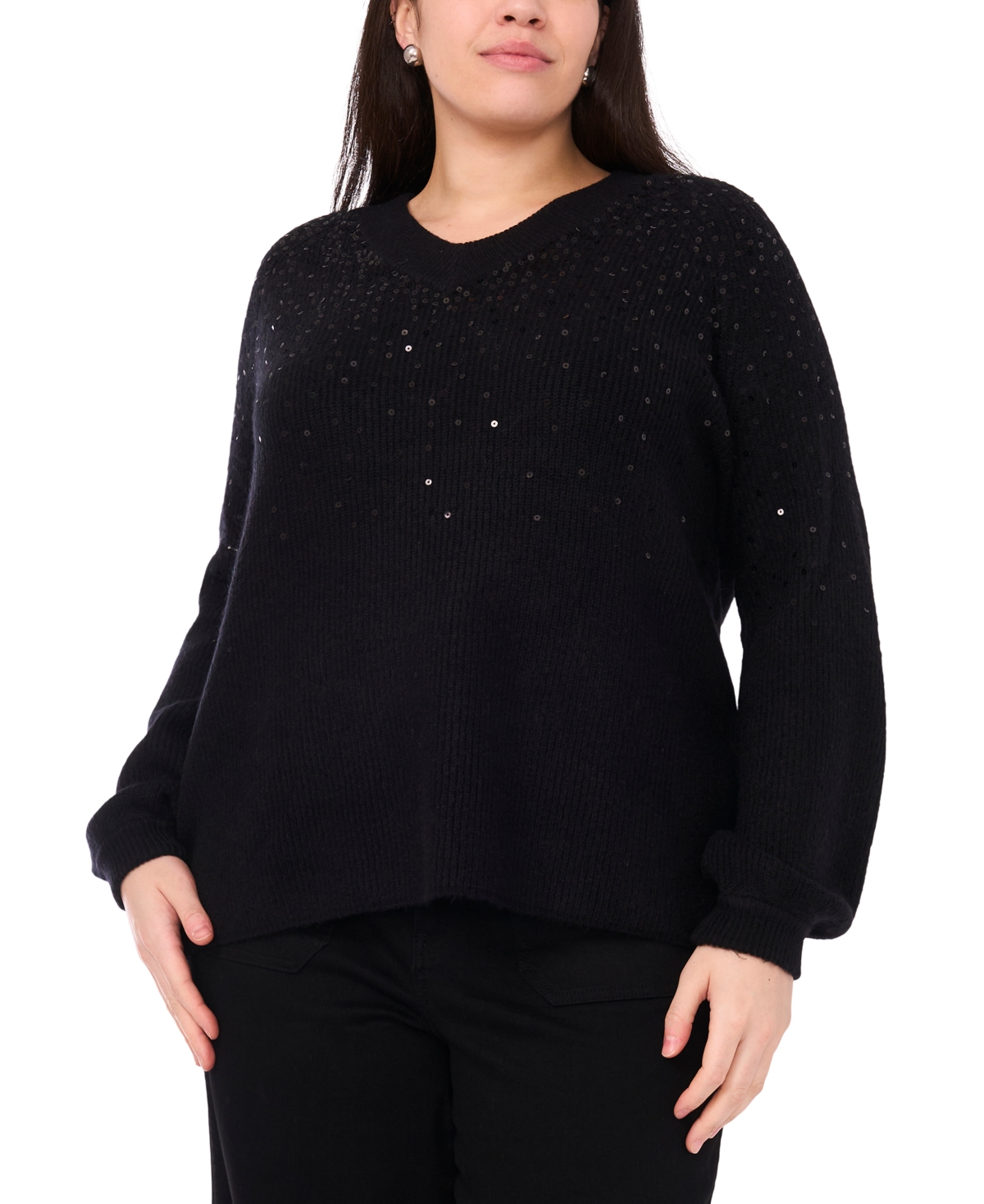 Click here for Vince Camuto Plus Size Sequin V-Neck Raglan Sweate... prices