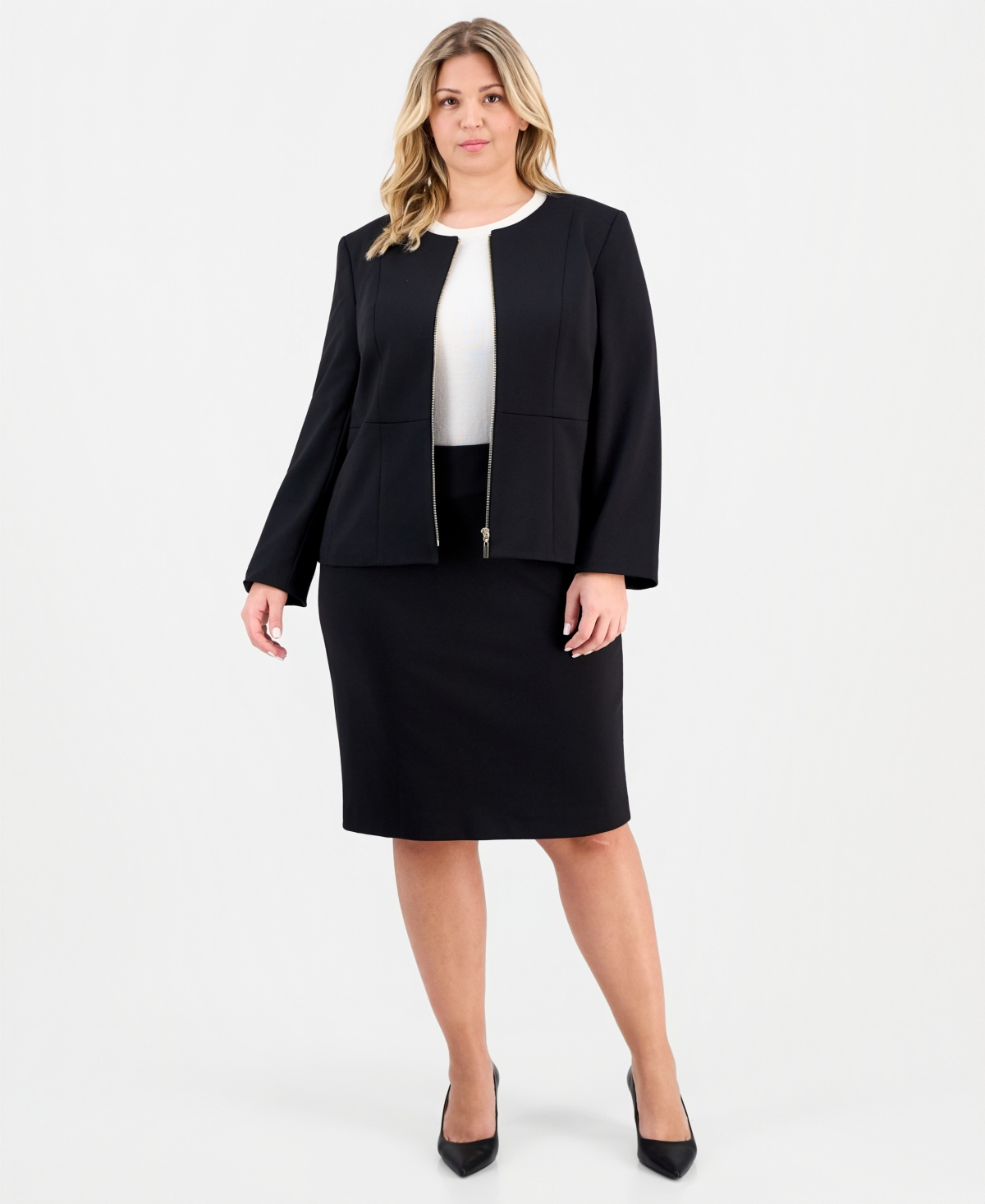 Click here for Le Suit Plus Size Zip-Front Ponte Jacket & Slim-Fi... prices