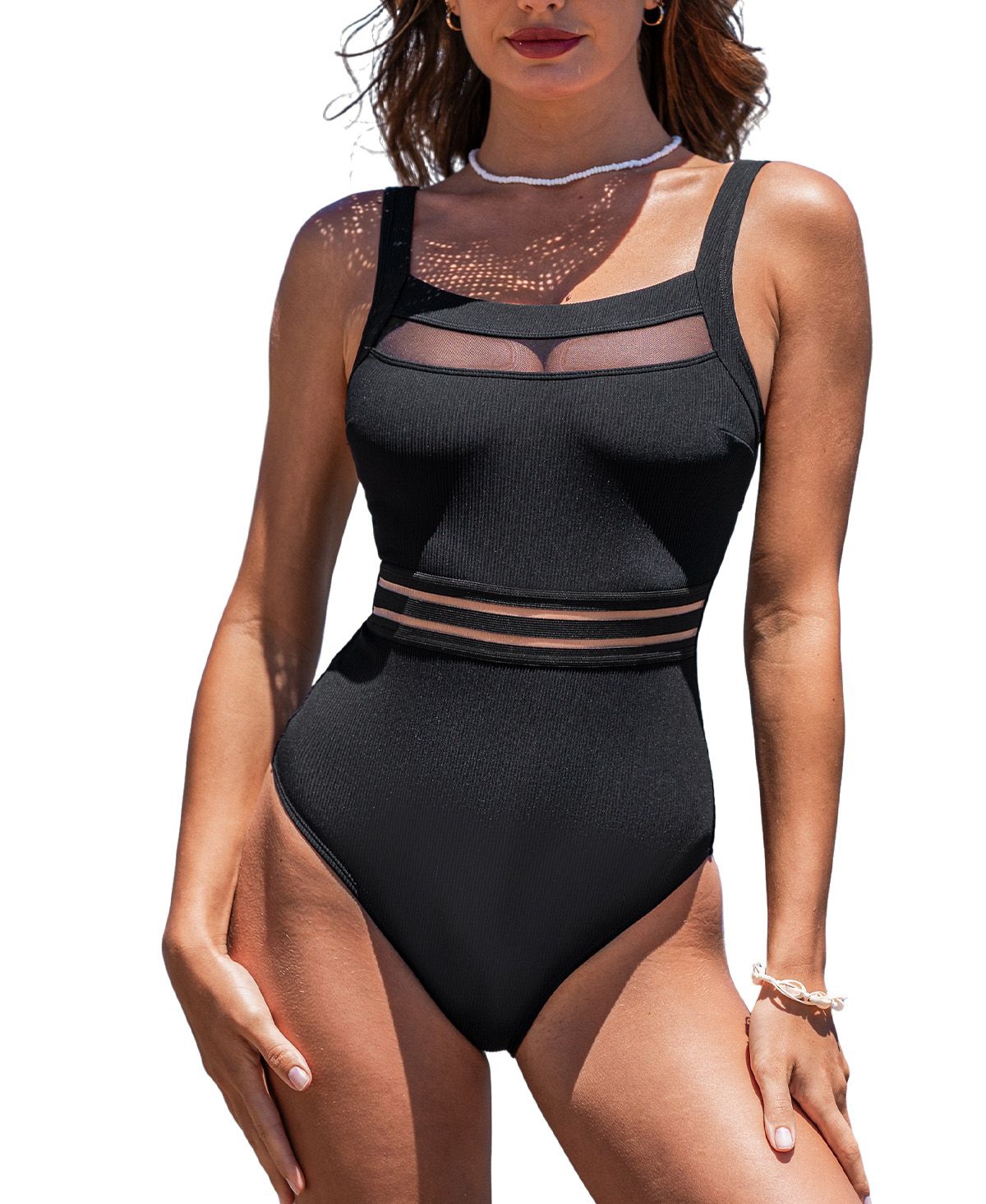 Cupshe Womens Chic Mesh Panel One-Piece Swimsuit - Black