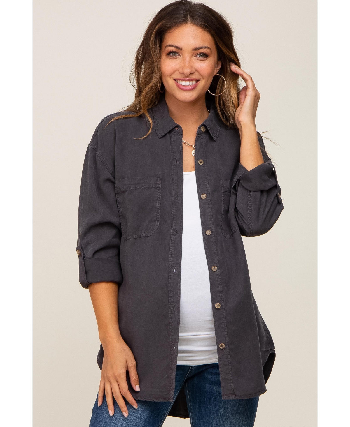 Click here for Pinkblush Charcoal Button Down Maternity Top - Cha... prices