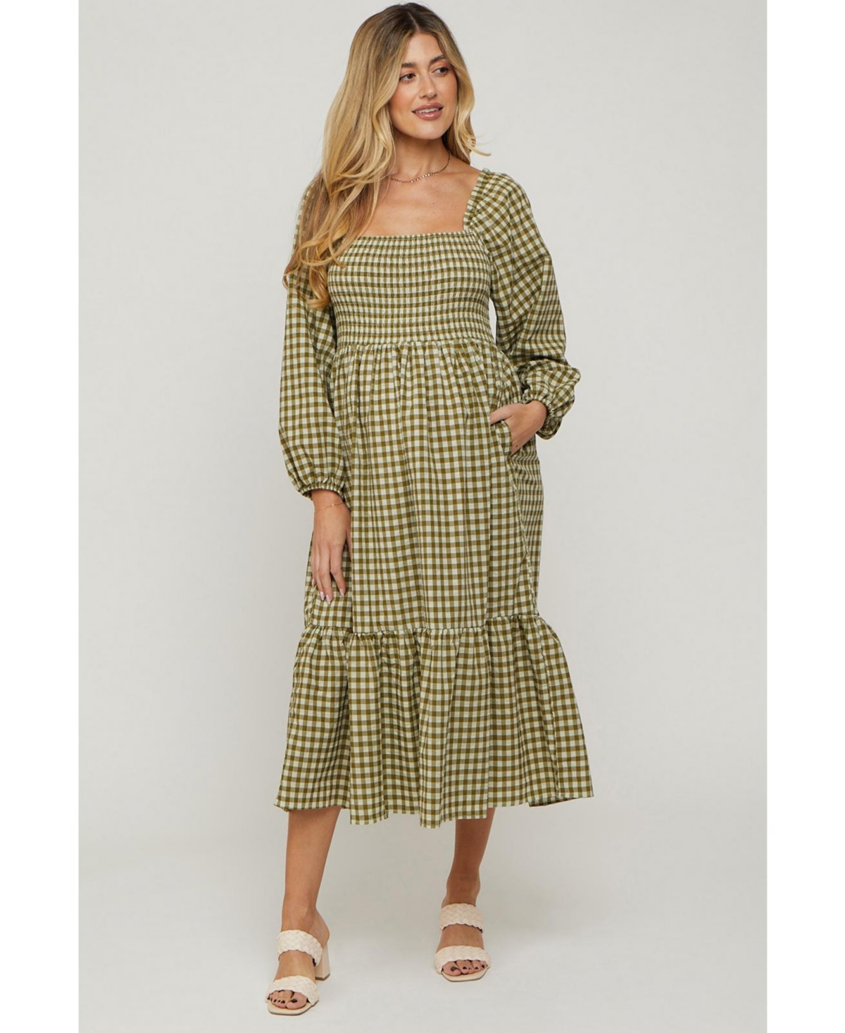 Click here for Pinkblush Maternity Olive Gingham Long Sleeve Midi... prices