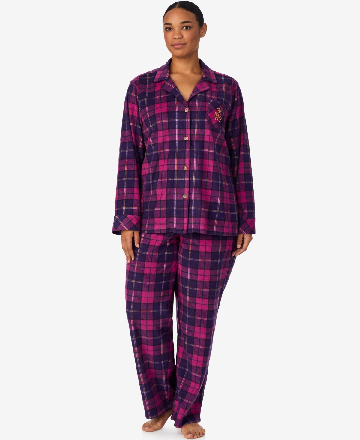 Lauren Ralph Lauren Plus Size Long Sleeves Notch Collar Pajama Set - Pink/purple